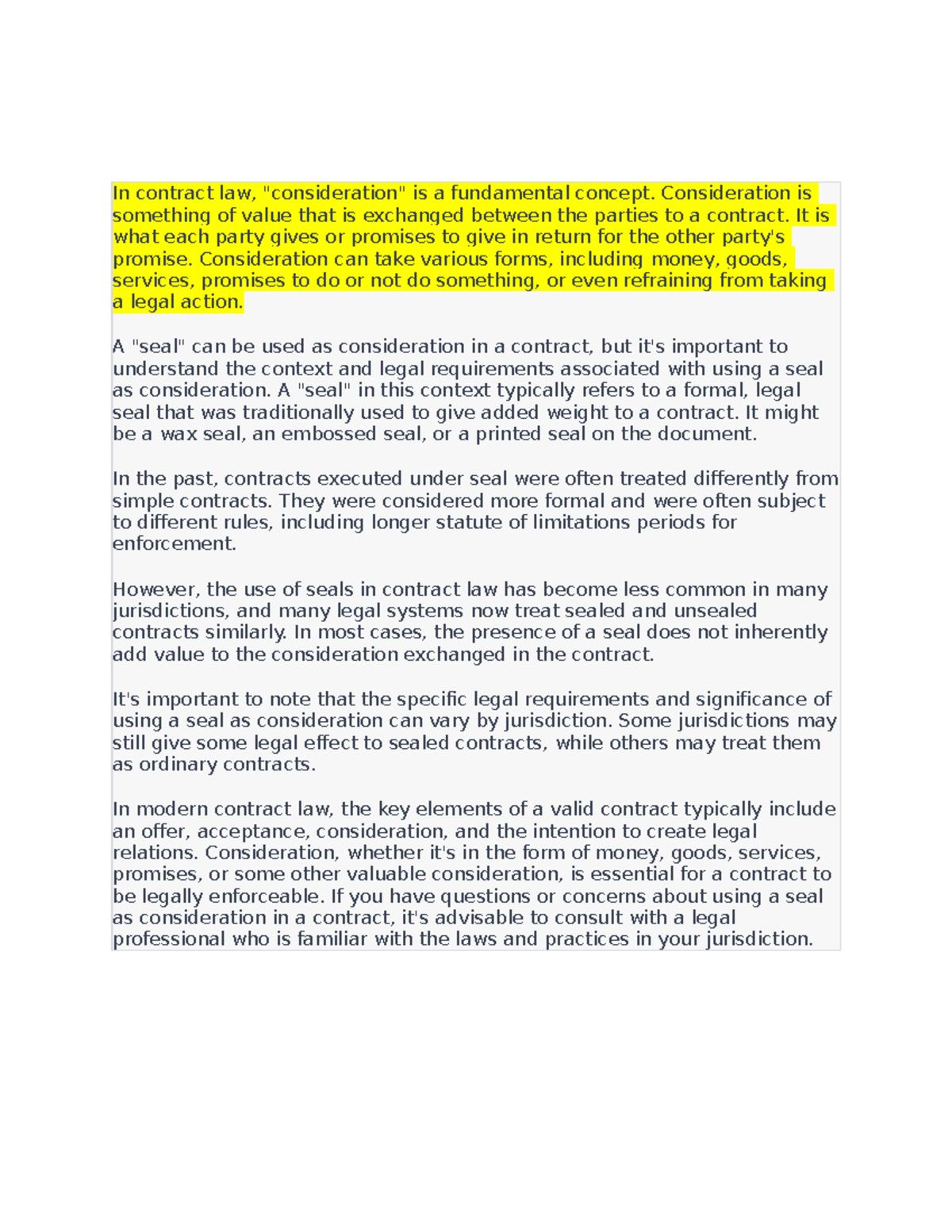 Law Notes - Descriptions - In contract law, "consideration" is a ...