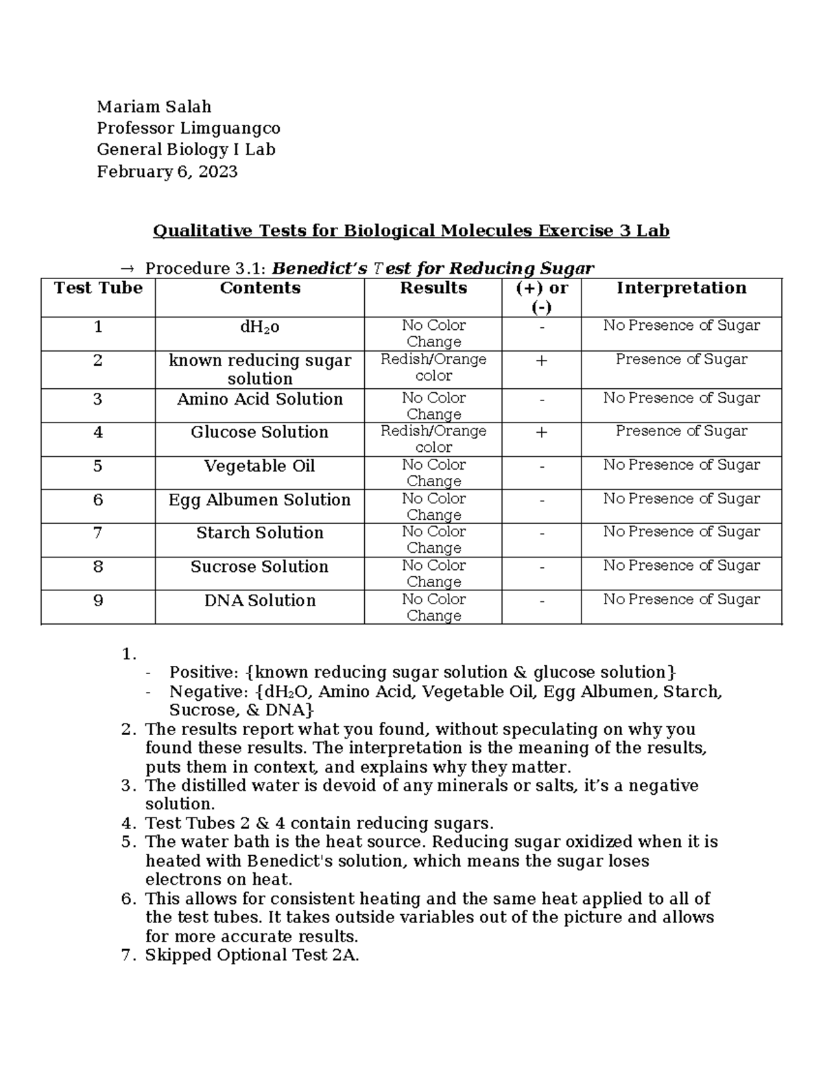Qualitative Tests For Biological Molecules Exercise 3 Lab Positive