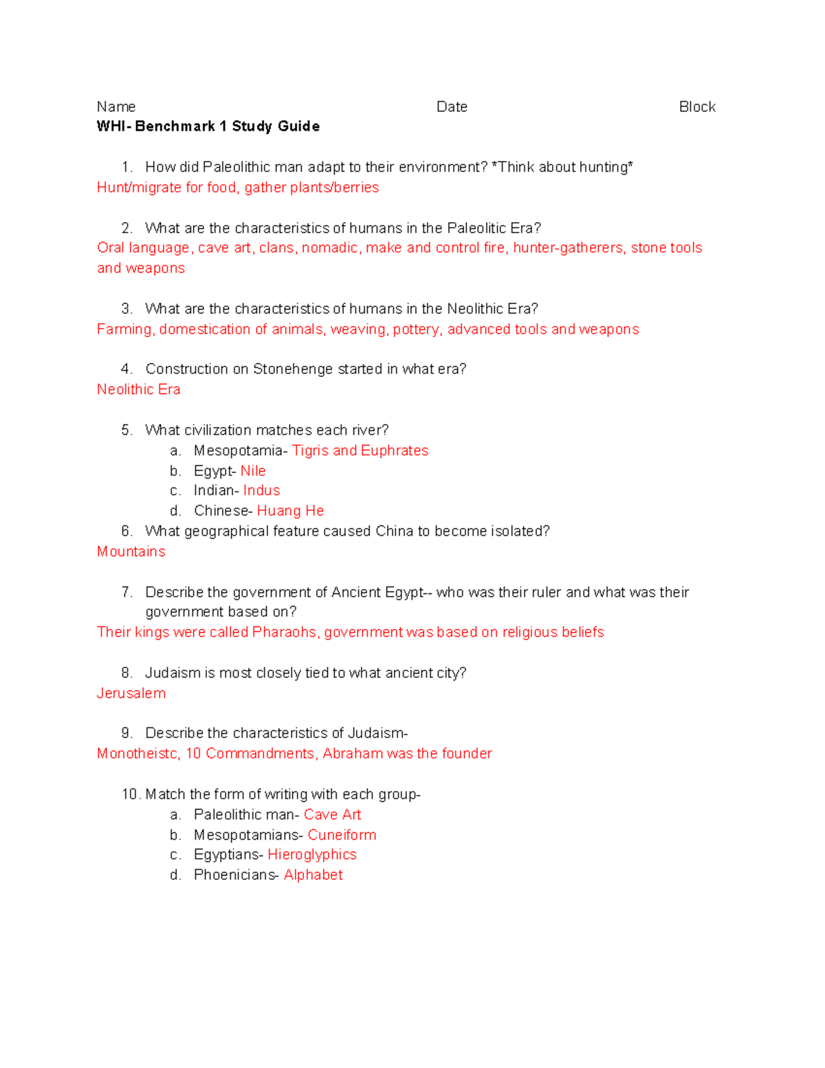 WHI Benchmark 1 2020 Study Guide- Answers - Name Date Block WHI- Benchmark 1 Study Guide How did ...