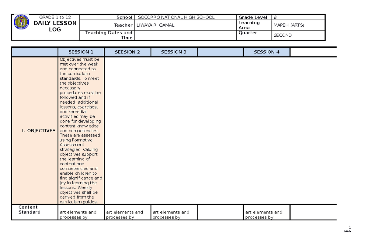 G8 DLL ARTS Q2 - DLL in Arts Q2 - GRADE 1 to 12 DAILY LESSON LOG School ...