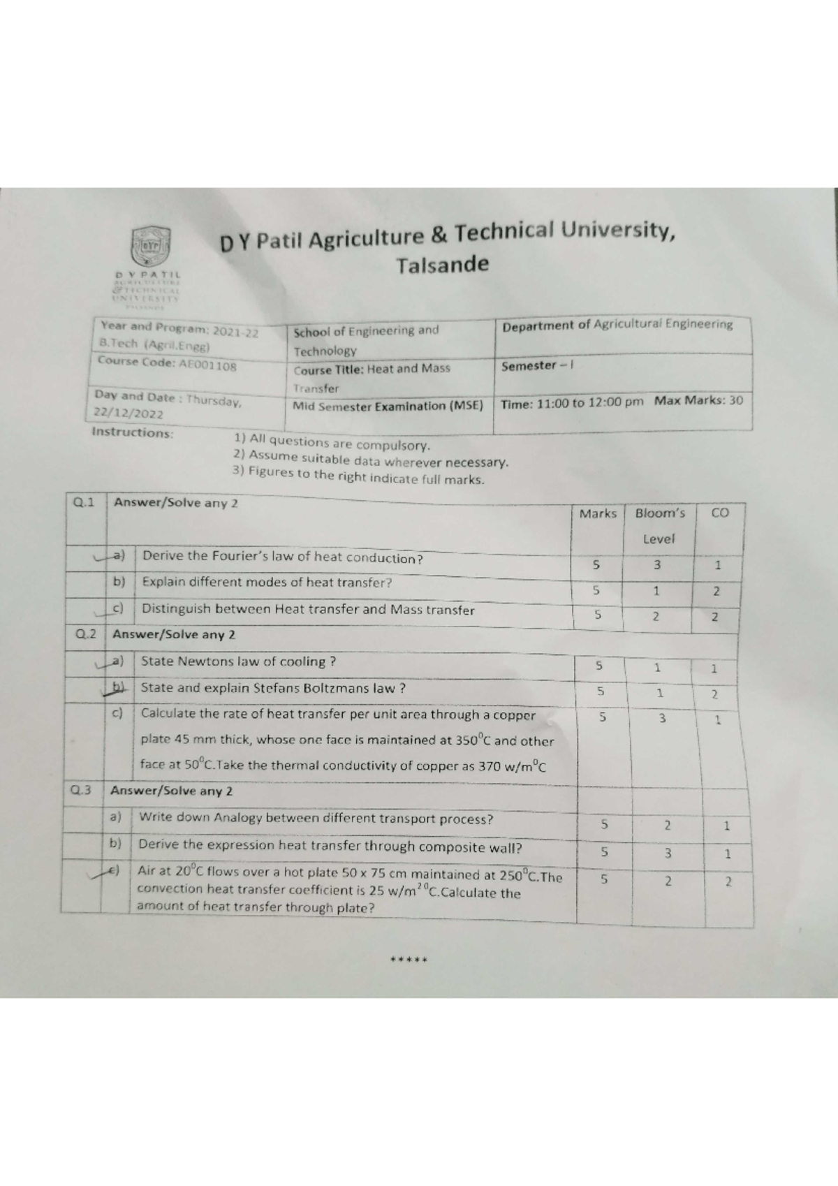 Mid sem exam question paper 2021-22 - Agriculture engineering - Studocu