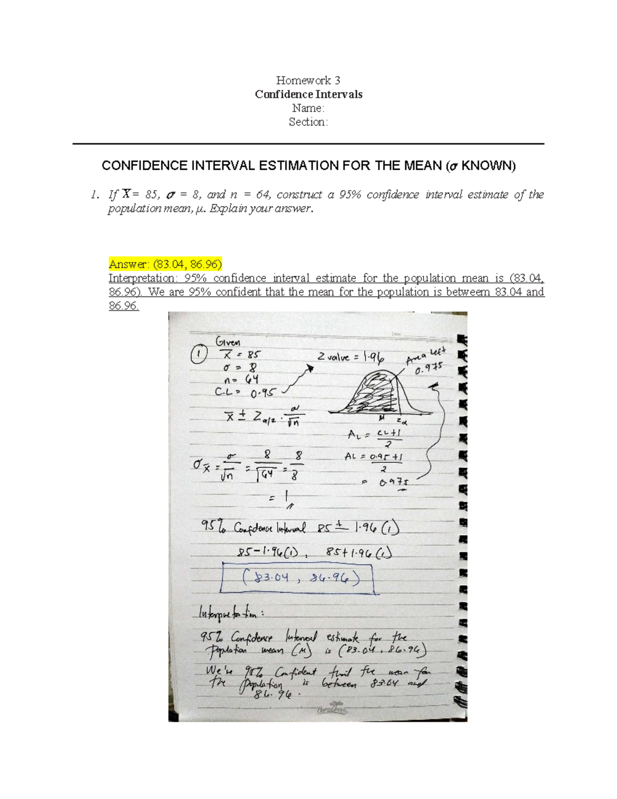 Homework 3 Confidence Interval - Homework 3 Confidence Intervals Name ...