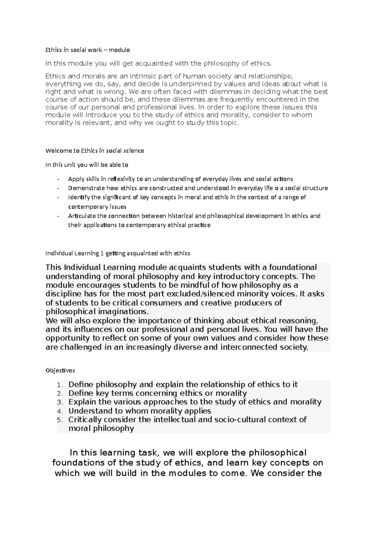 Module 1 & 2 tutorial work and workshop notes - Ethics in social work ...