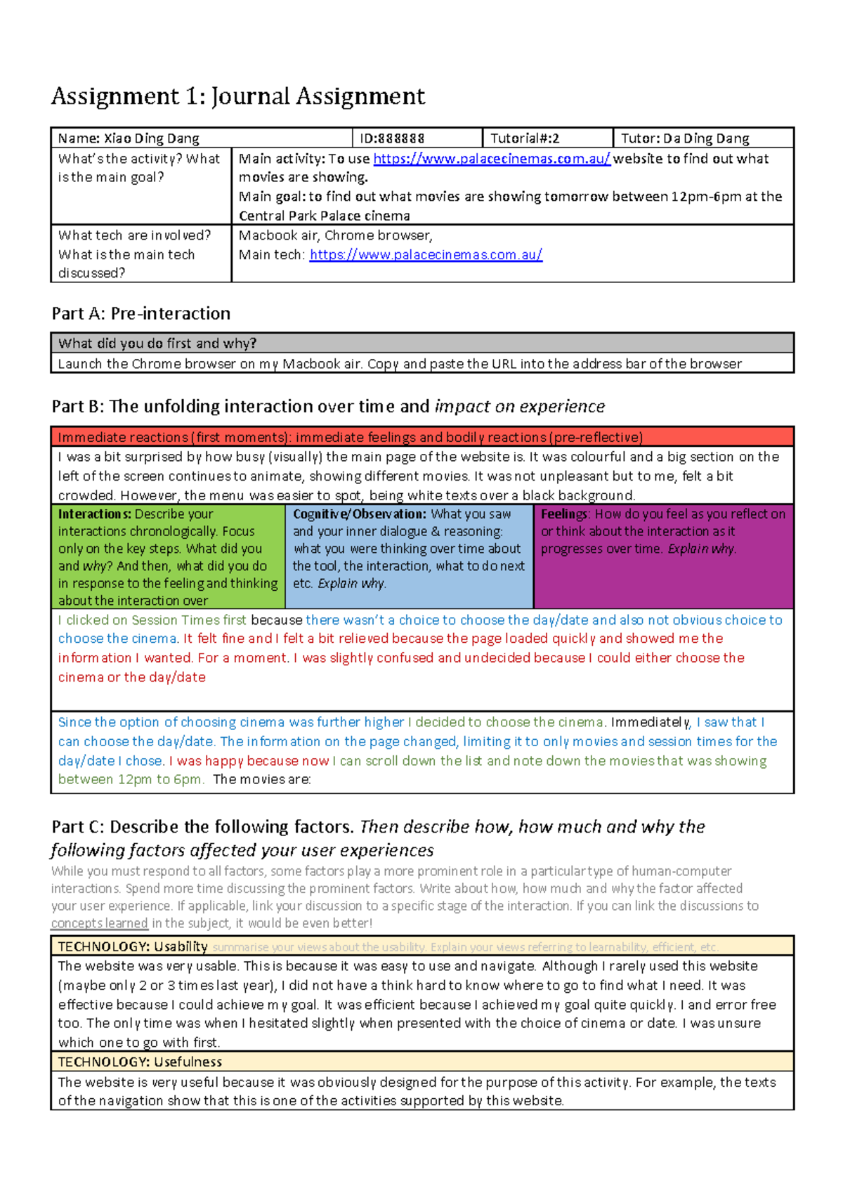Journal sample - N/A - Assignment 1: Journal Assignment Name: Xiao Ding ...