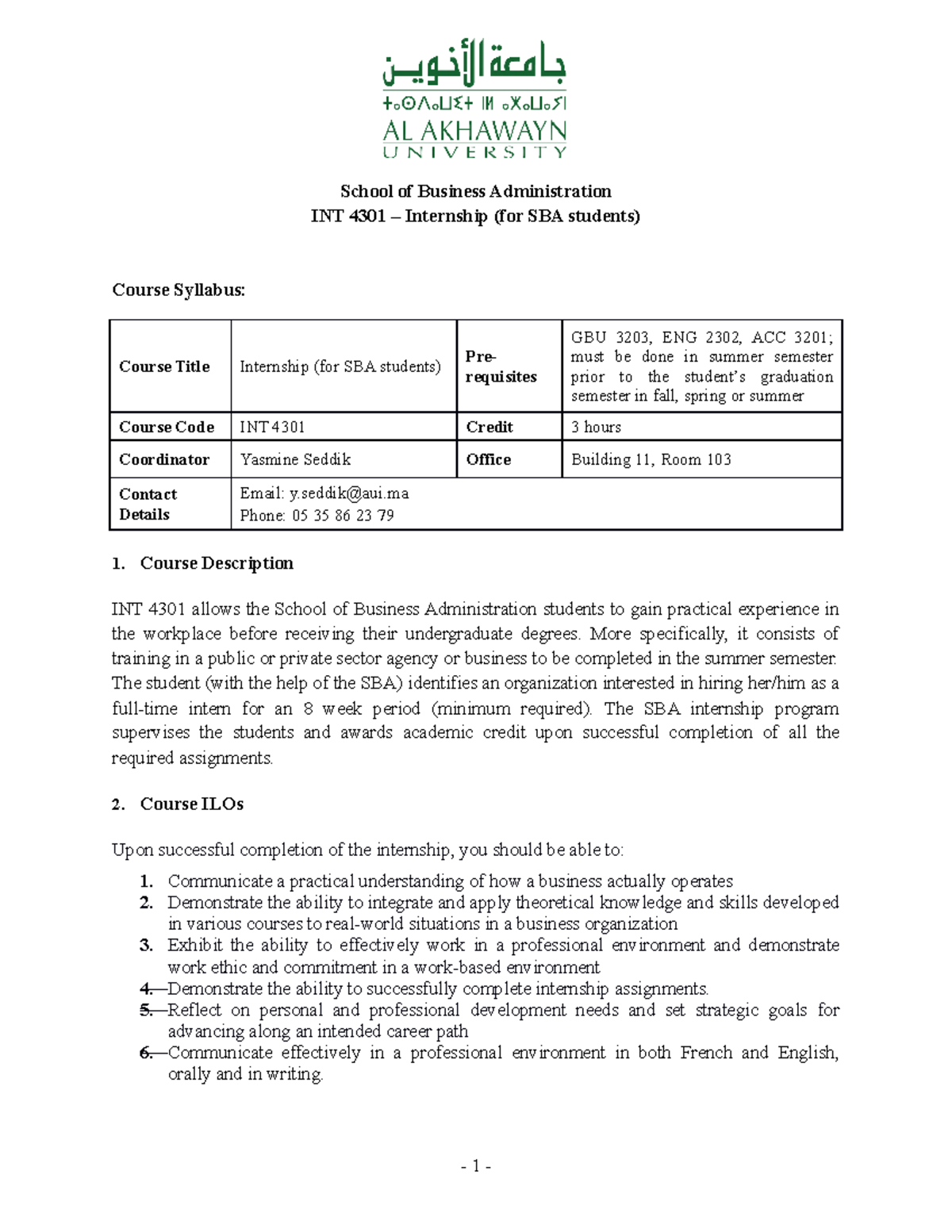 1. INT 4301 Syllabus - School of Business Administration INT 4301 ...