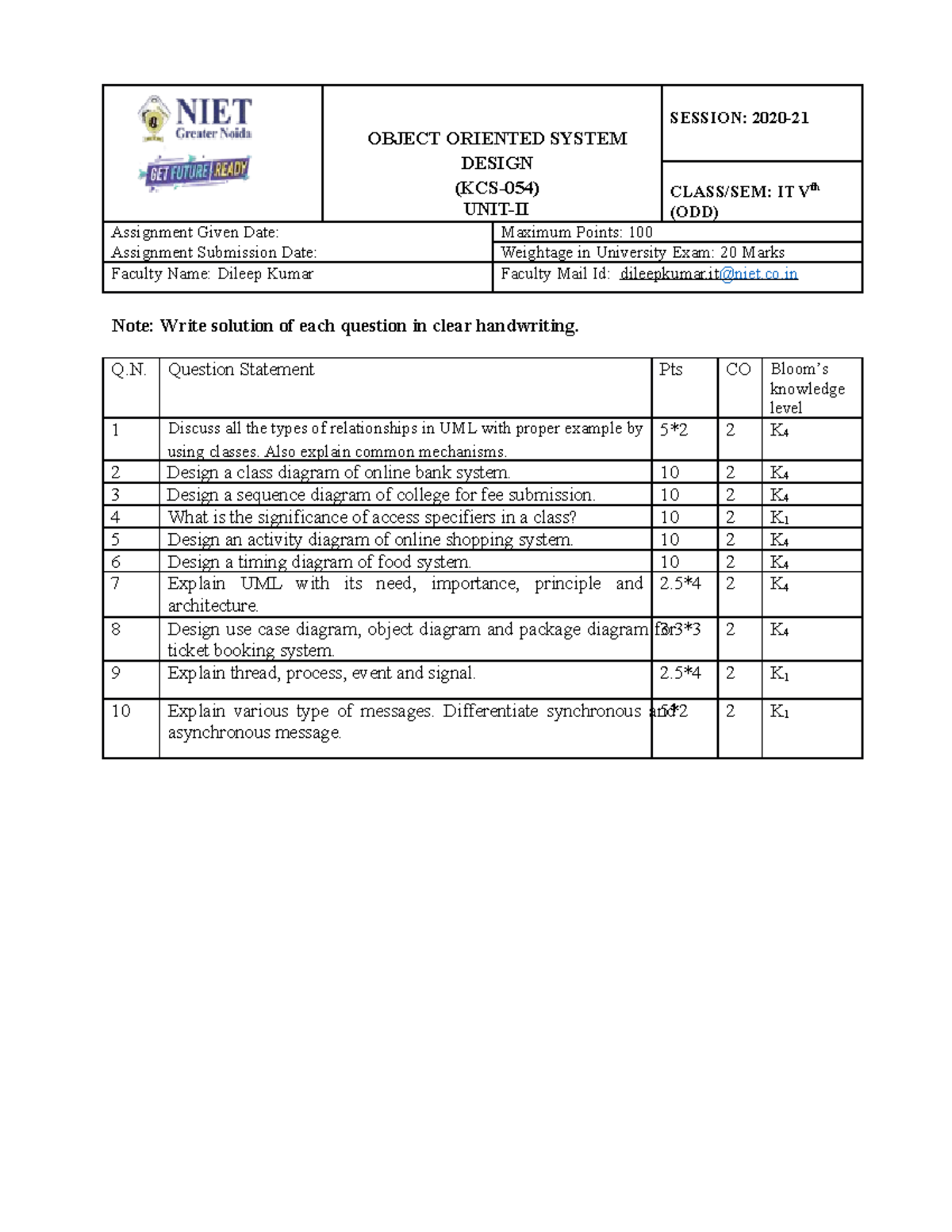 OOSD Assg2 - assignments - OBJECT ORIENTED SYSTEM DESIGN (KCS-054) UNIT ...