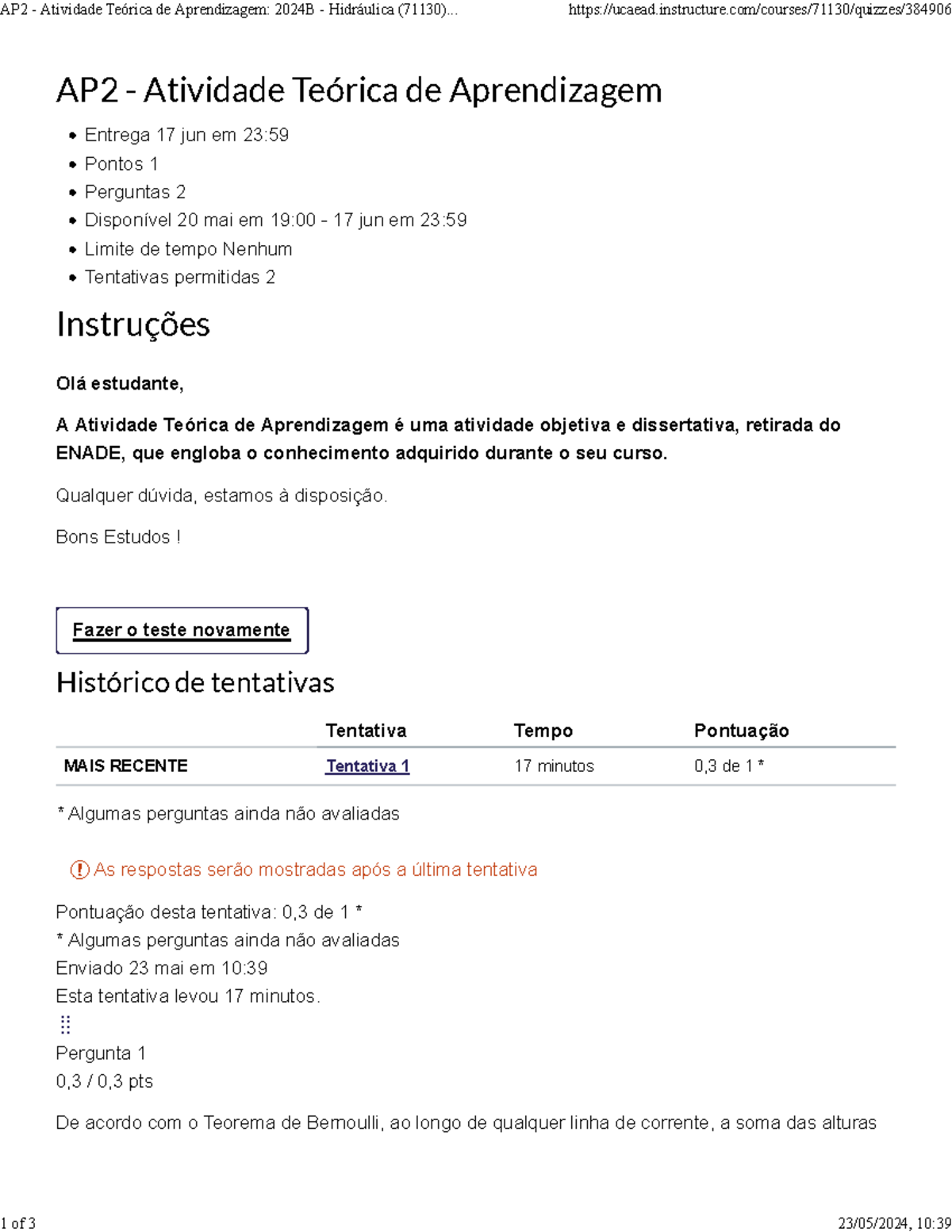 AP2 - Atividade Teórica de Aprendizagem 2024B - Hidráulica (71130) - Eng. Civil - AP2 ...