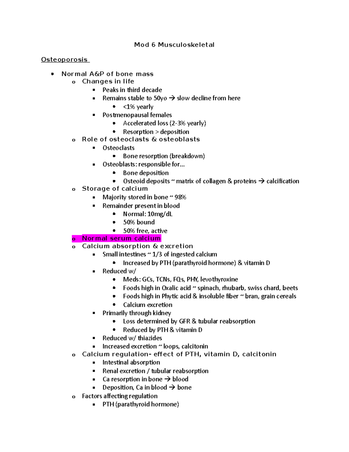 Mod 6 In-Class Review - Lecture notes all - Mod 6 Musculoskeletal ...