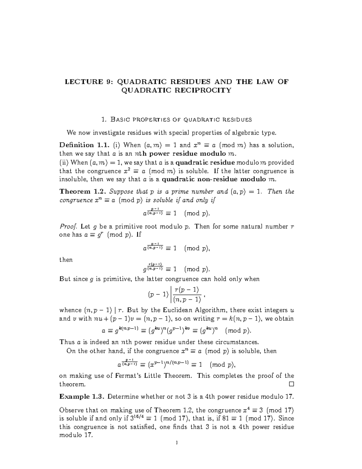 MATH30200 2016-2017 Lecture 9 - Quadratic residues and law of quadratic ...
