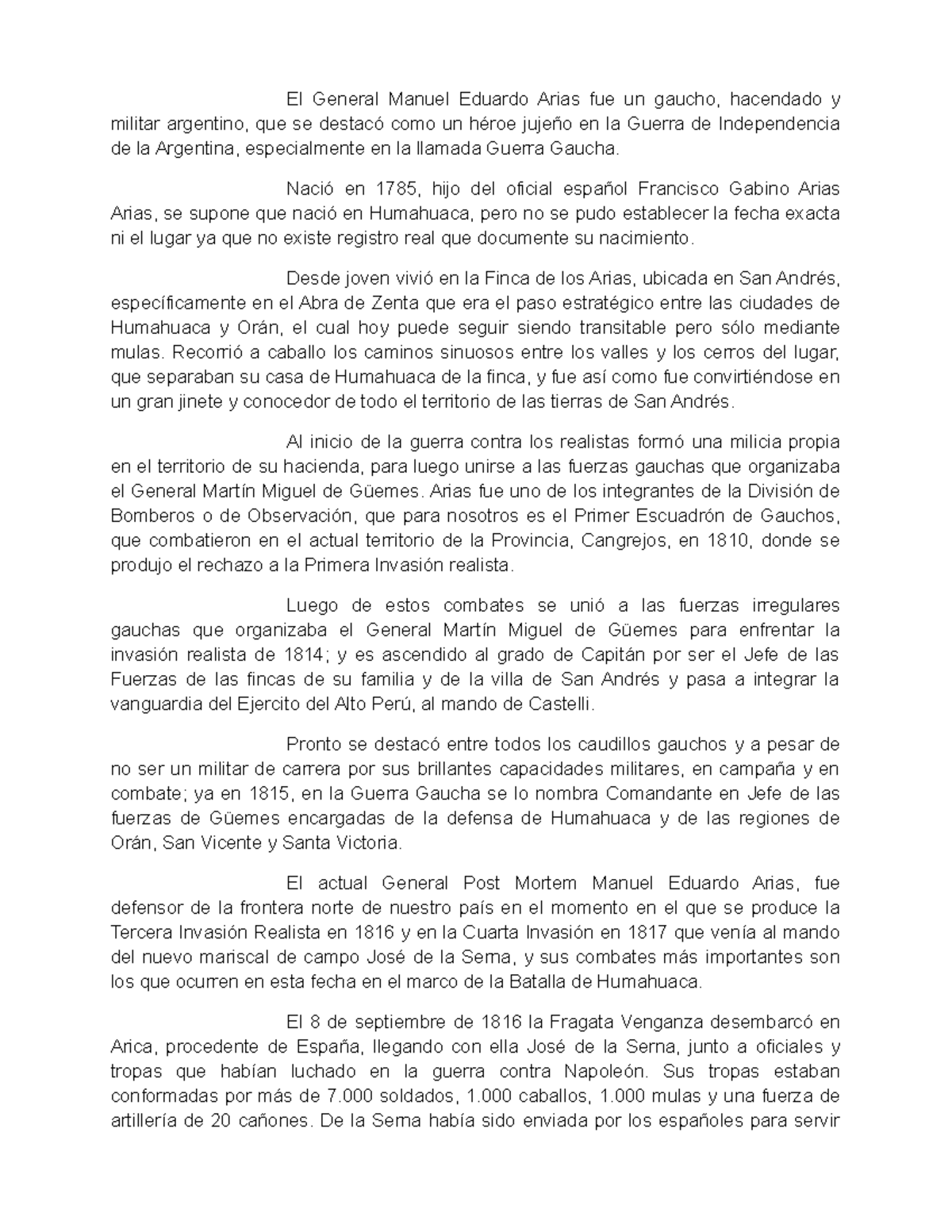 El General Manuel Eduardo Arias fue un gauch 1 - Nació en 1785, hijo ...