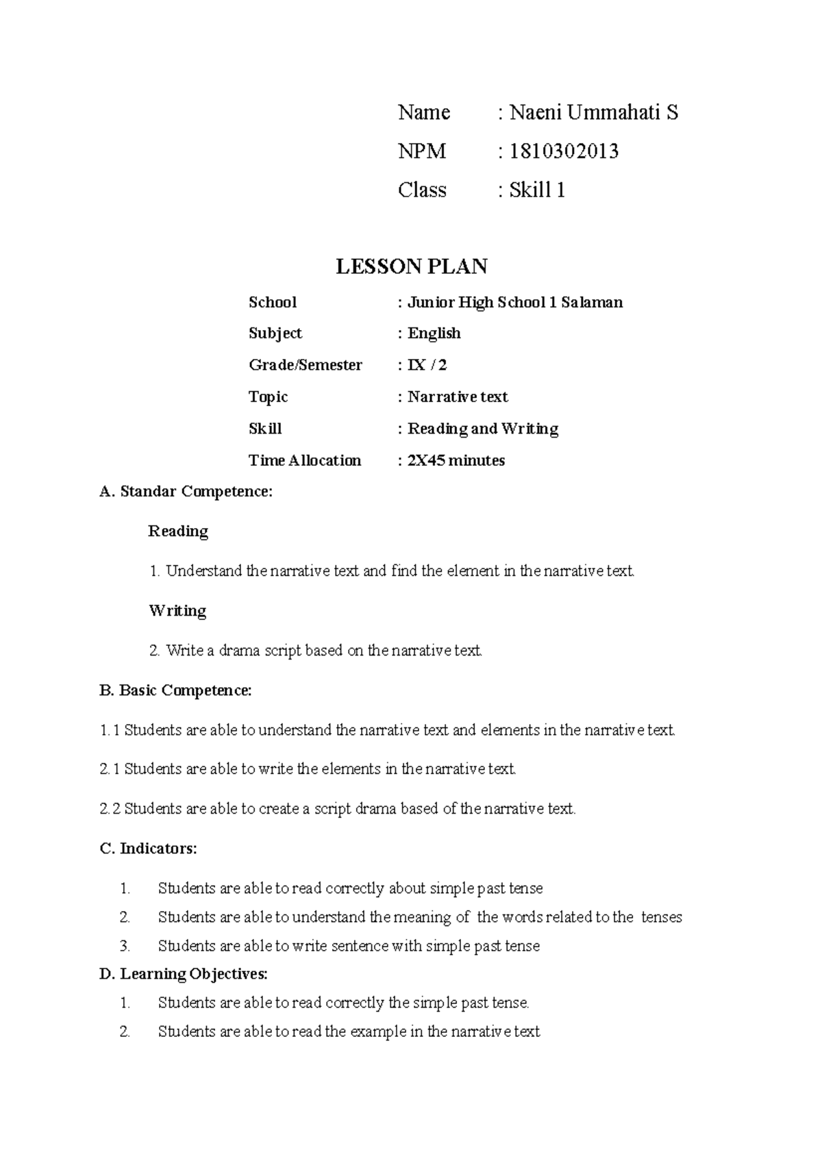 Lesson PLAN Example - Name : Naeni Ummahati S NPM : 1810302013 Class ...