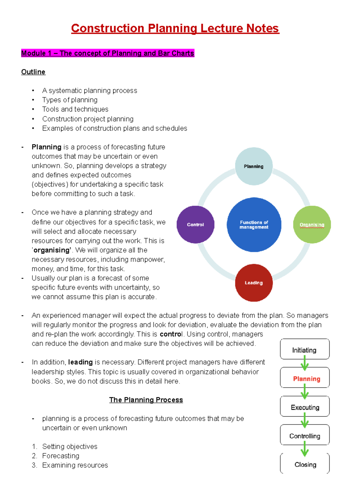 Construction Planning Lecture Notes - So, planning develops a strategy ...
