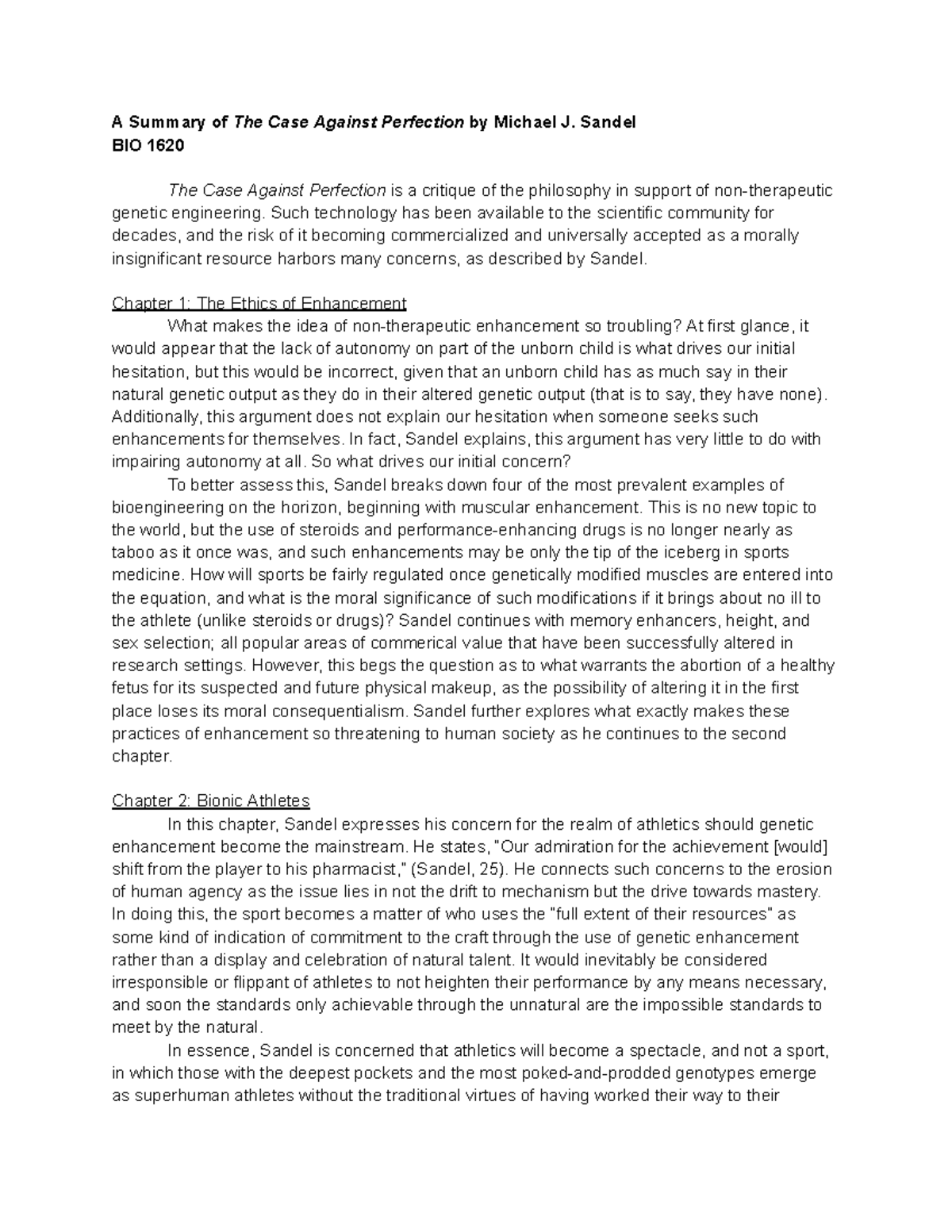 A Summary of The Case Against Perfection by Michael J. Sandel - Sandel ...