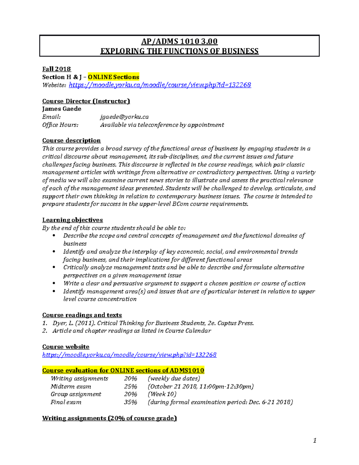 Syllabus - AP/ADMS 1010 3. EXPLORING THE FUNCTIONS OF BUSINESS Fall 2018 Section H & J – ONLINE ...