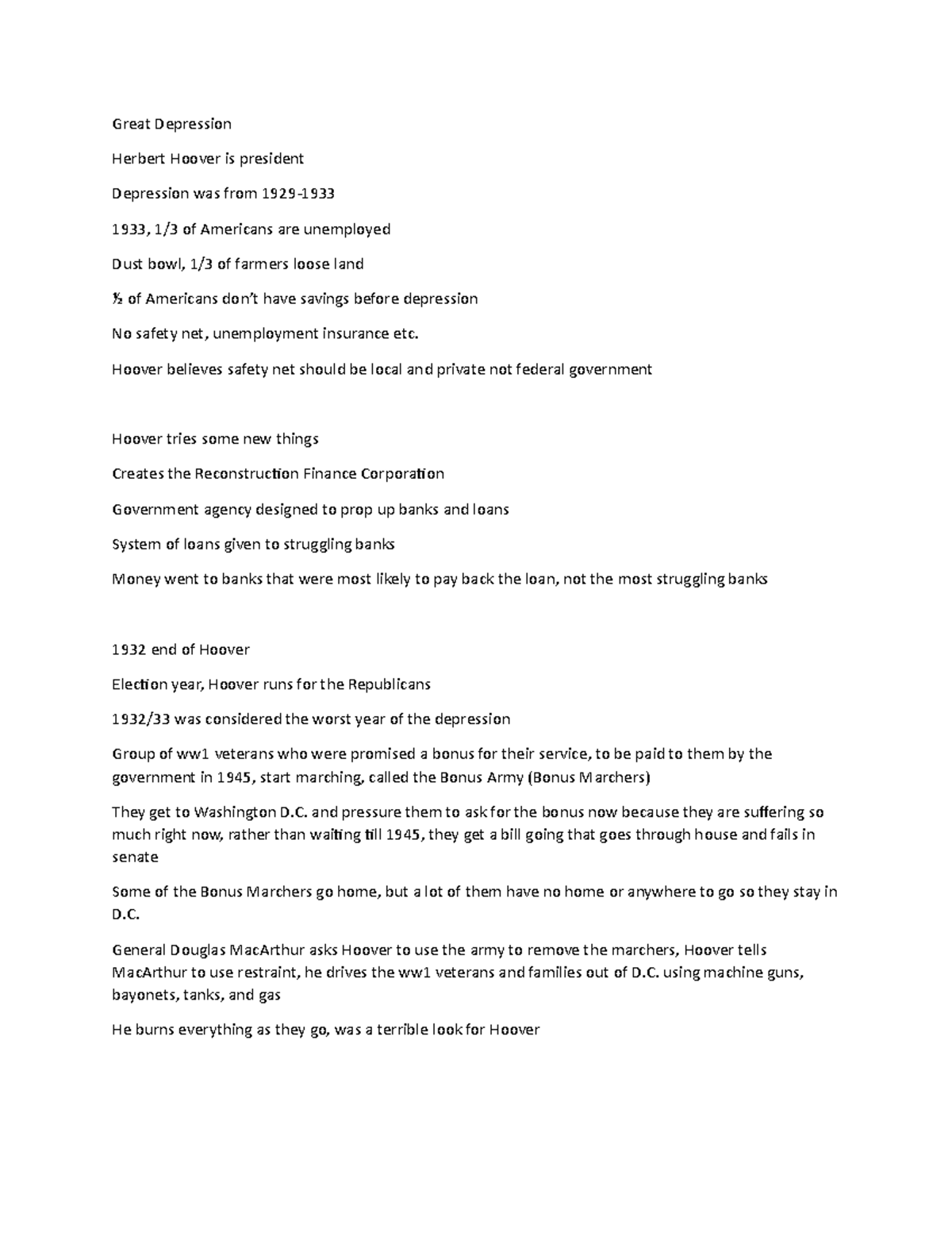 Great Depression - Notes for Professor Brady - Great Depression Herbert ...