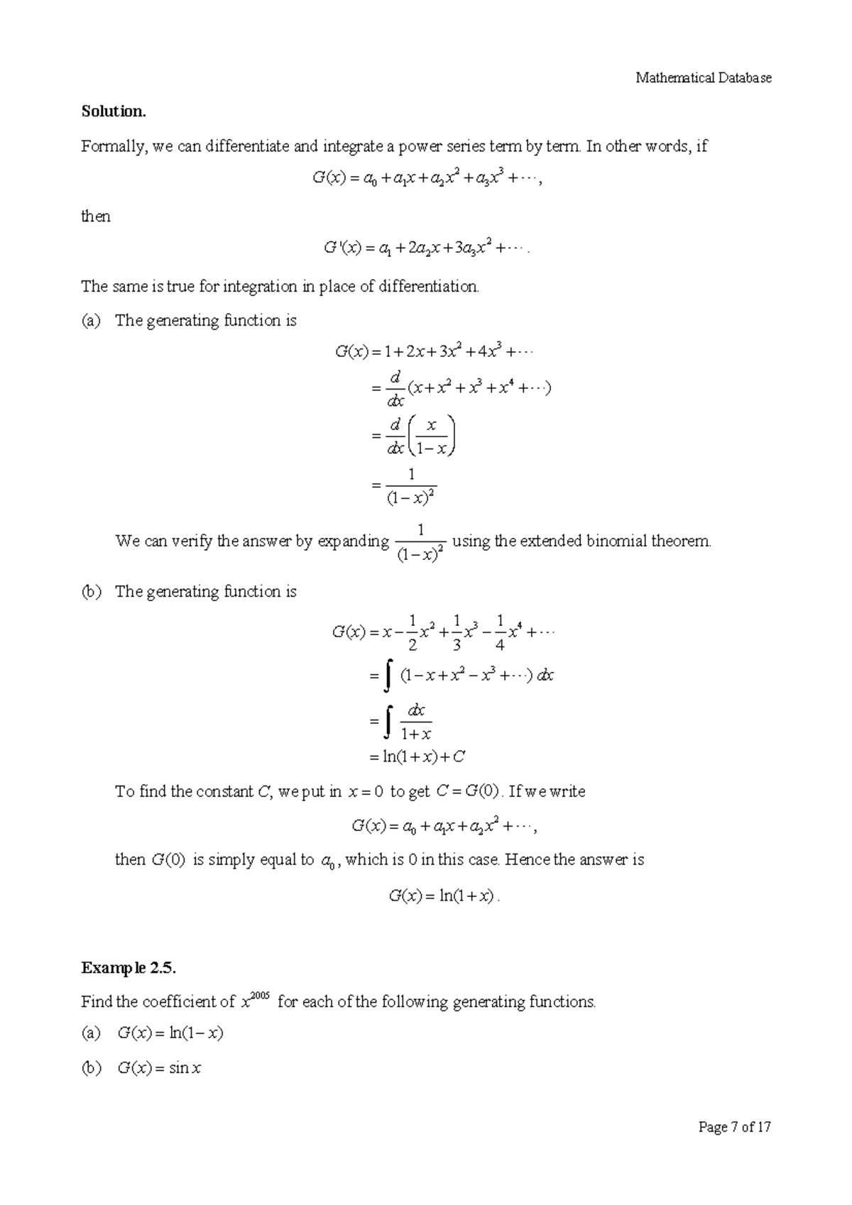 Generating function part-2 - Solution. Formally, we can differentiate ...