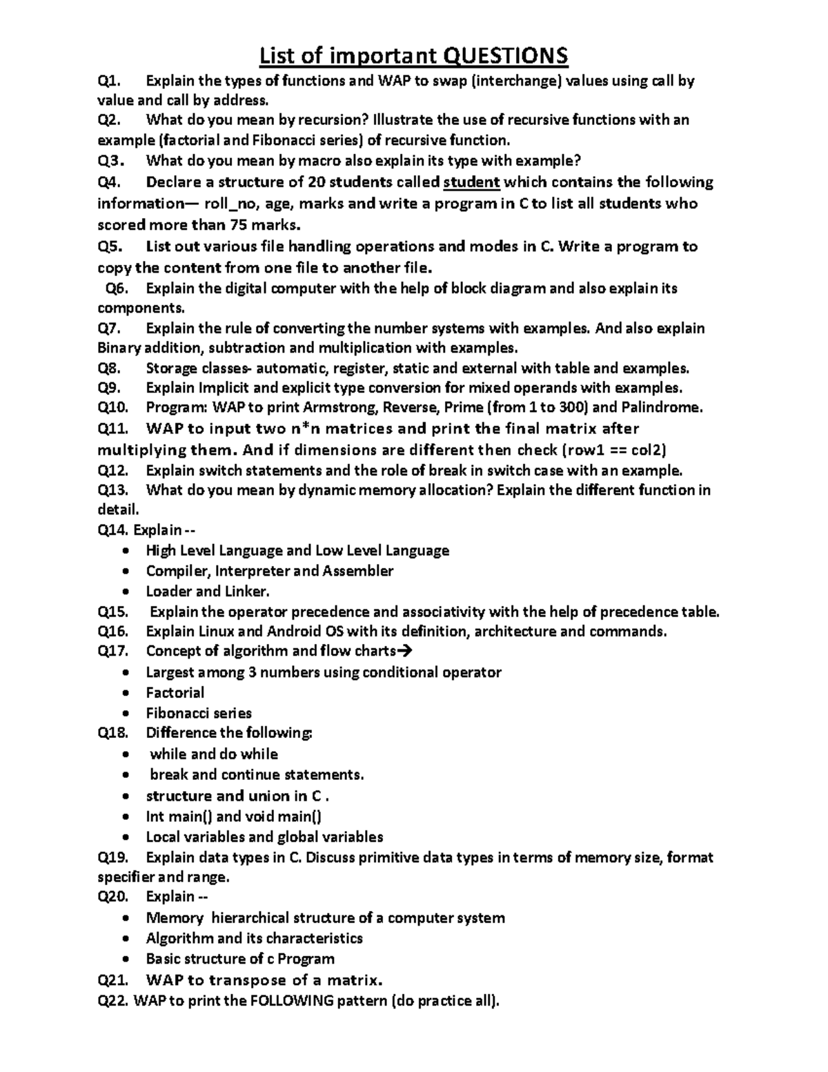 Pps important questions - List of important QUESTIONS Q1. Explain the ...