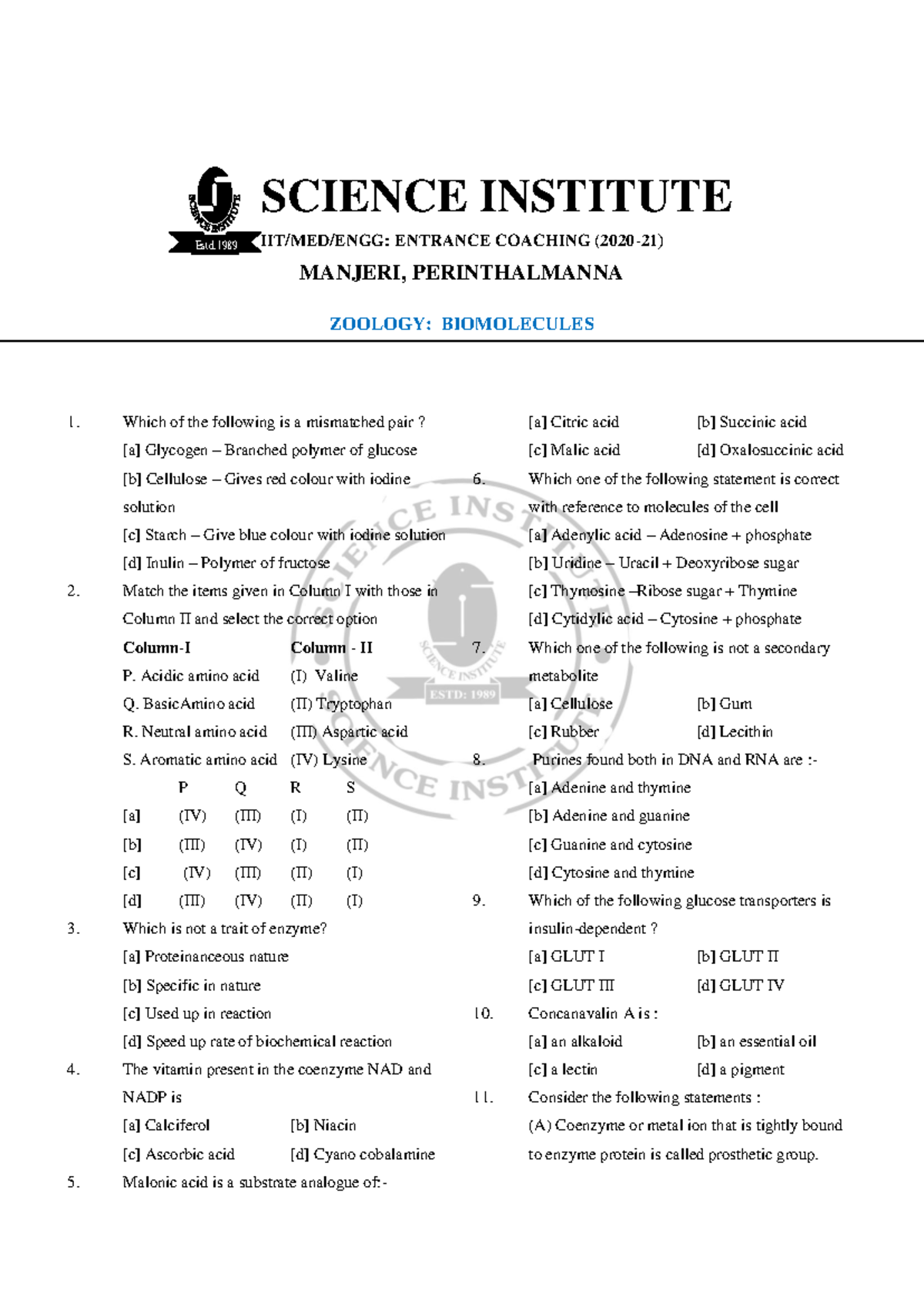 Biomolecules Sample Test Paper at Megan Mullen blog