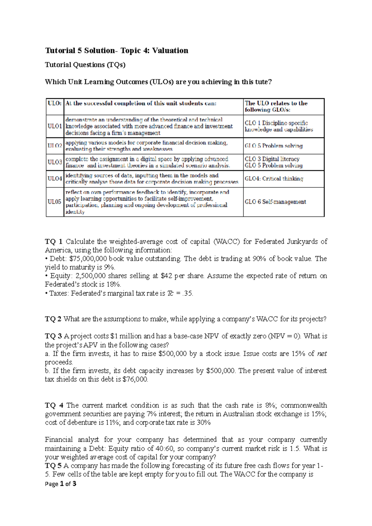 Tutorial 5 Questions MAF302 - Tutorial 5 Solution- Topic 4: Valuation ...
