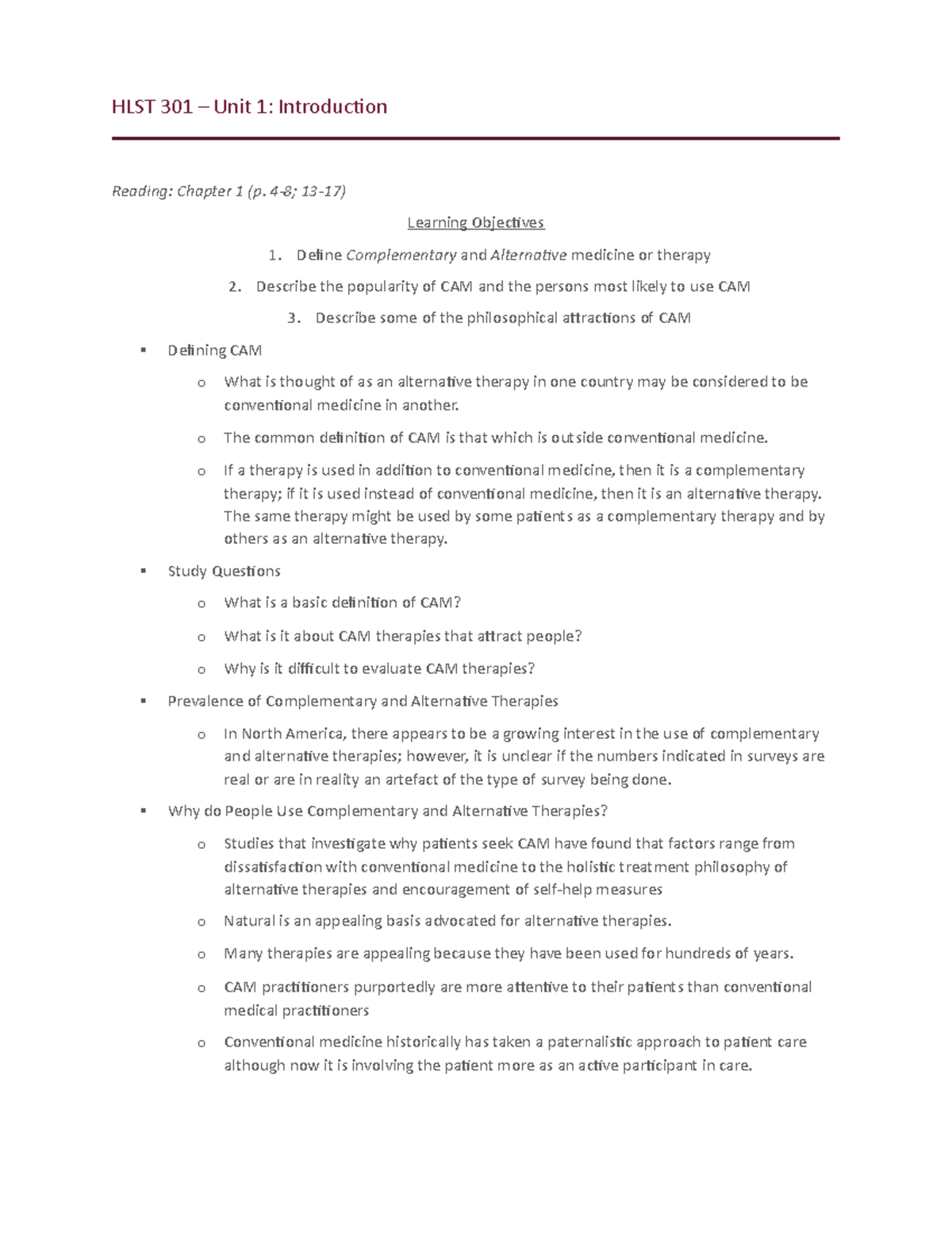 HLST 301 Notes - HLST 301 – Unit 1: Introduction Reading: Chapter 1 (p ...