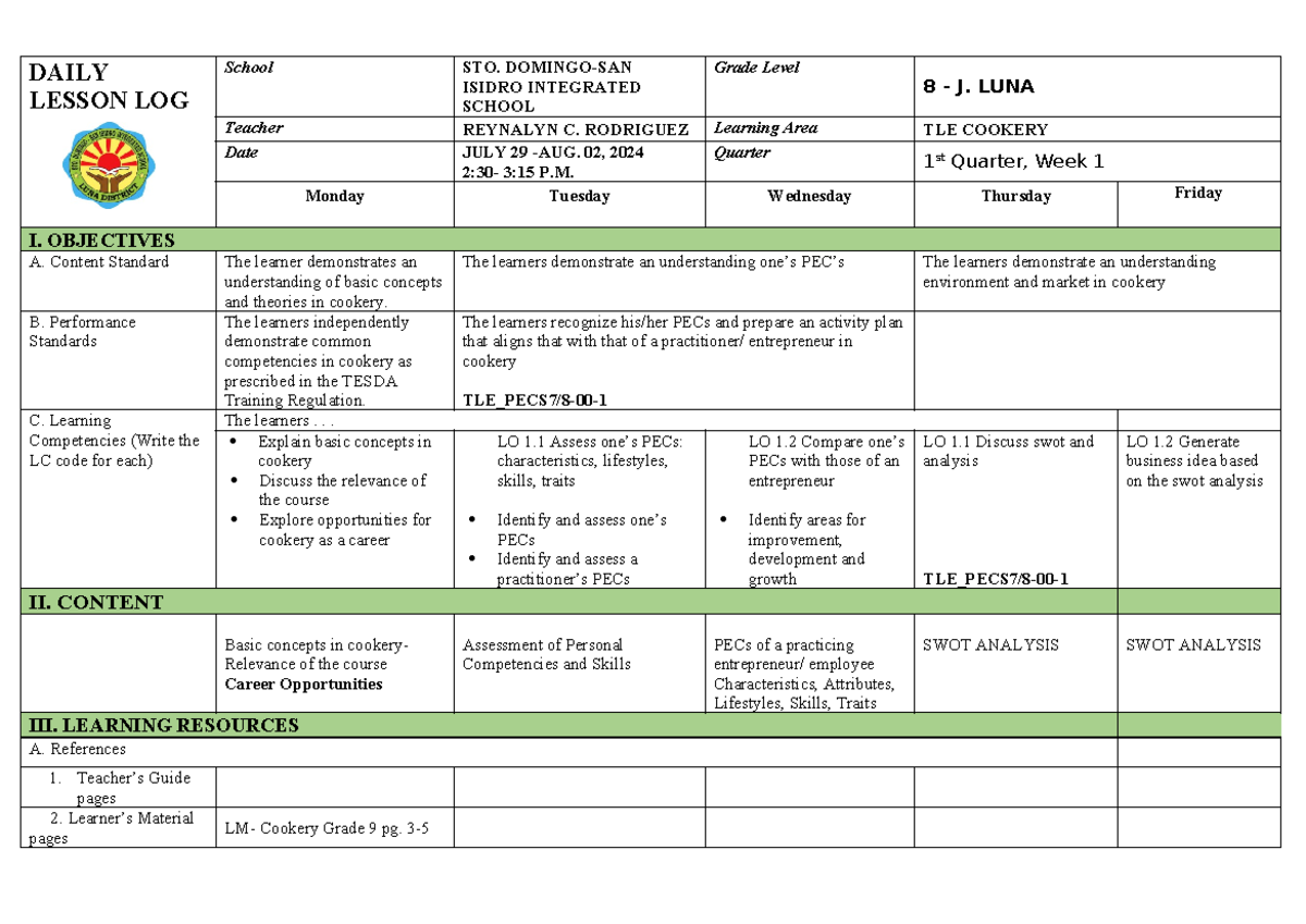TLE-8 Cookery Q1W1 - DAILY LESSON LOG School STO. DOMINGO-SAN ISIDRO ...