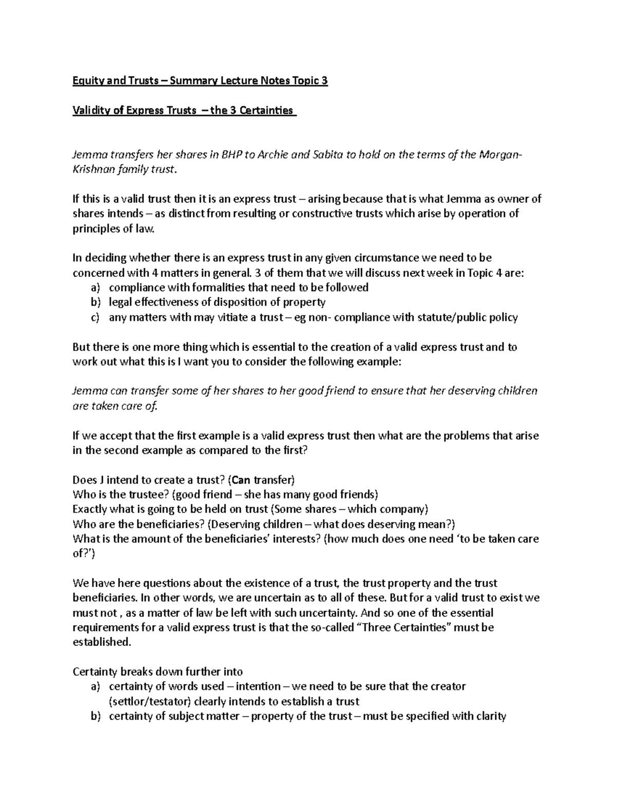 Summary Lecture notes topic 3 - Equity and Trusts – Summary Lecture ...