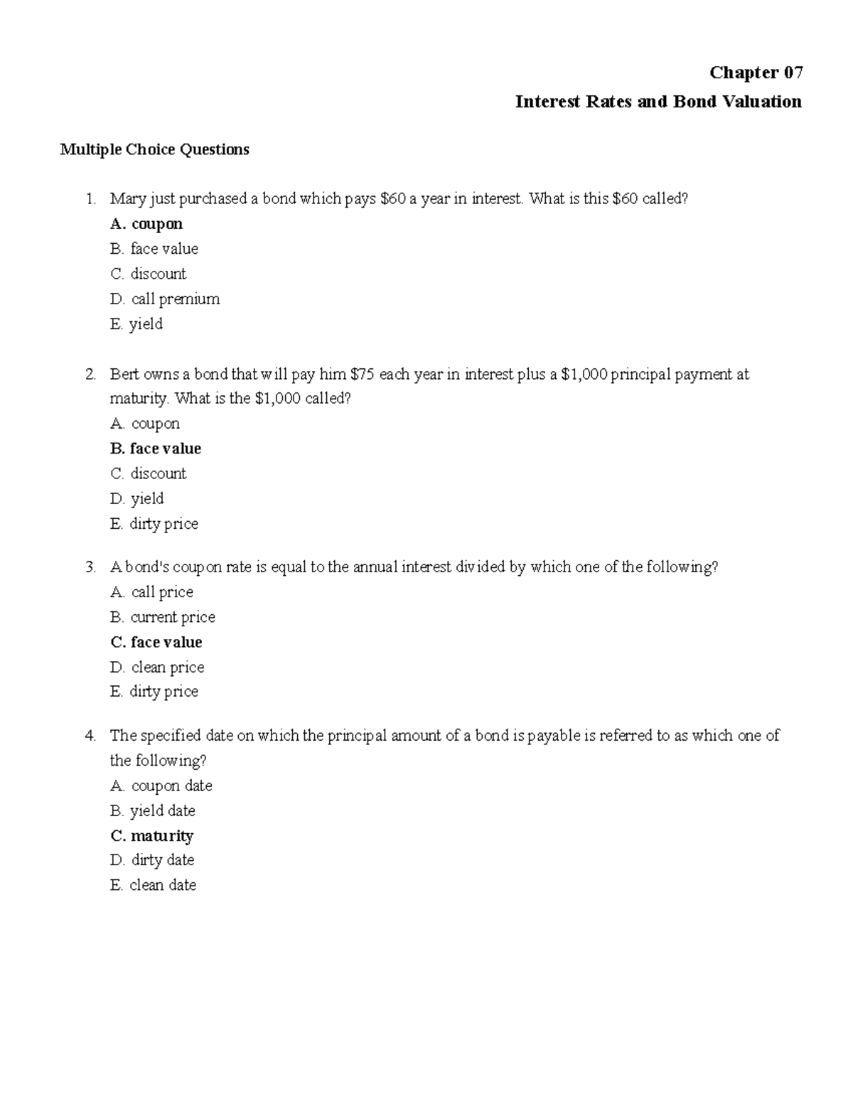 (FM) Chapter 7 Multiple choice questions - Chapter 07 Interest Rates ...