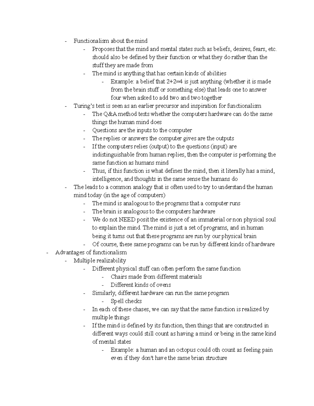 Philosophy (PART 7) - Functionalism about the mind Proposes that the ...