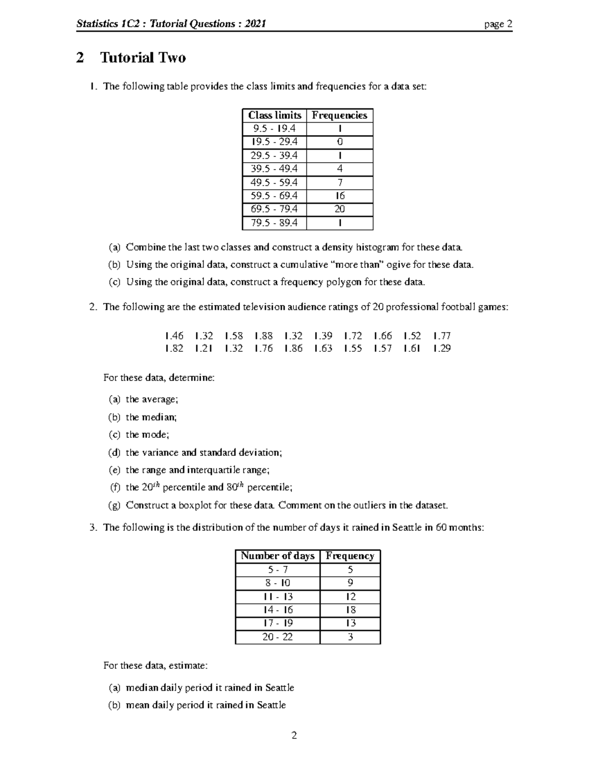Tutorials 2 PRACTICE QuestionS - Statistics 1C2 : Tutorial Questions ...