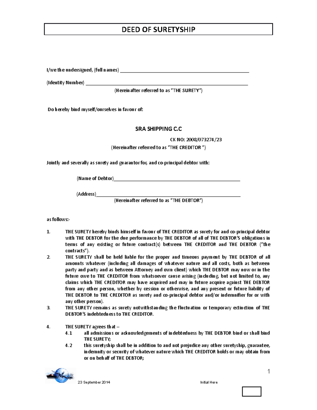 Deed of Surety - Study notes - DEED OF SURETYSHIP I/we the undersigned ...