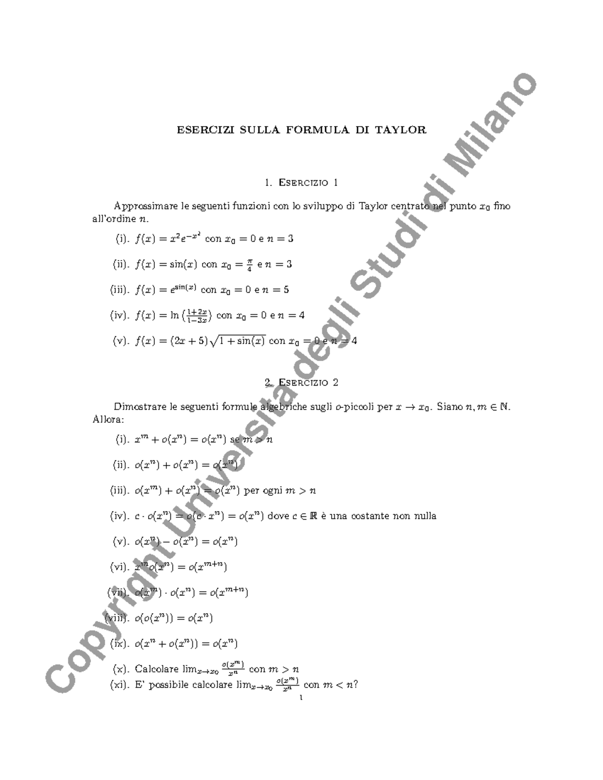 Esercizi Taylor - ESERCIZI SULLA FORMULA DI TAYLOR Esercizio 1 all ...