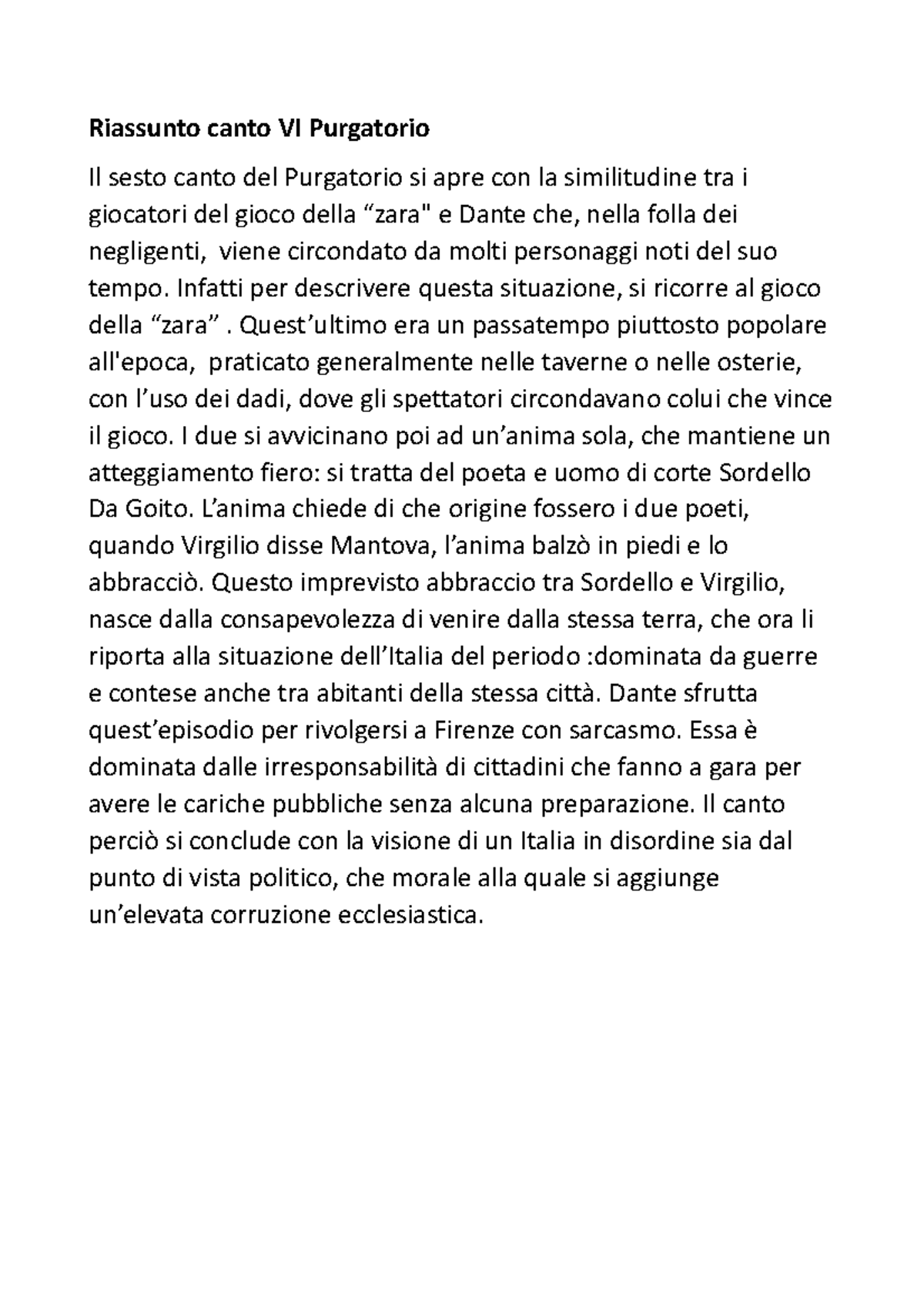 Canto VI - Riassunto canto VI Purgatorio Il sesto canto del Purgatorio ...