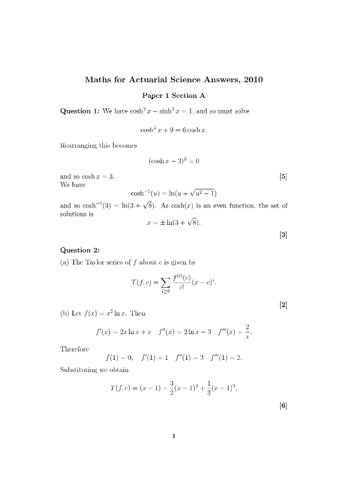 Exam January 2010, answers - Maths for Actuarial Science Answers, 2010 ...