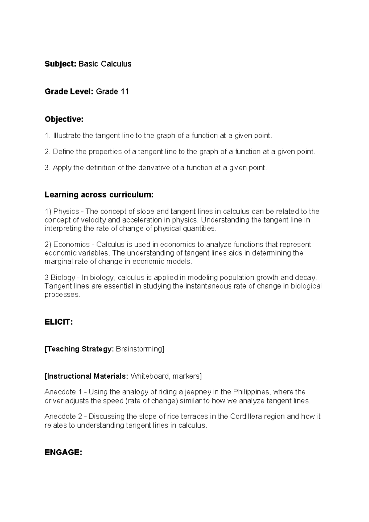 Lesson plan - n/a - Subject: Basic Calculus Grade Level: Grade 11 ...