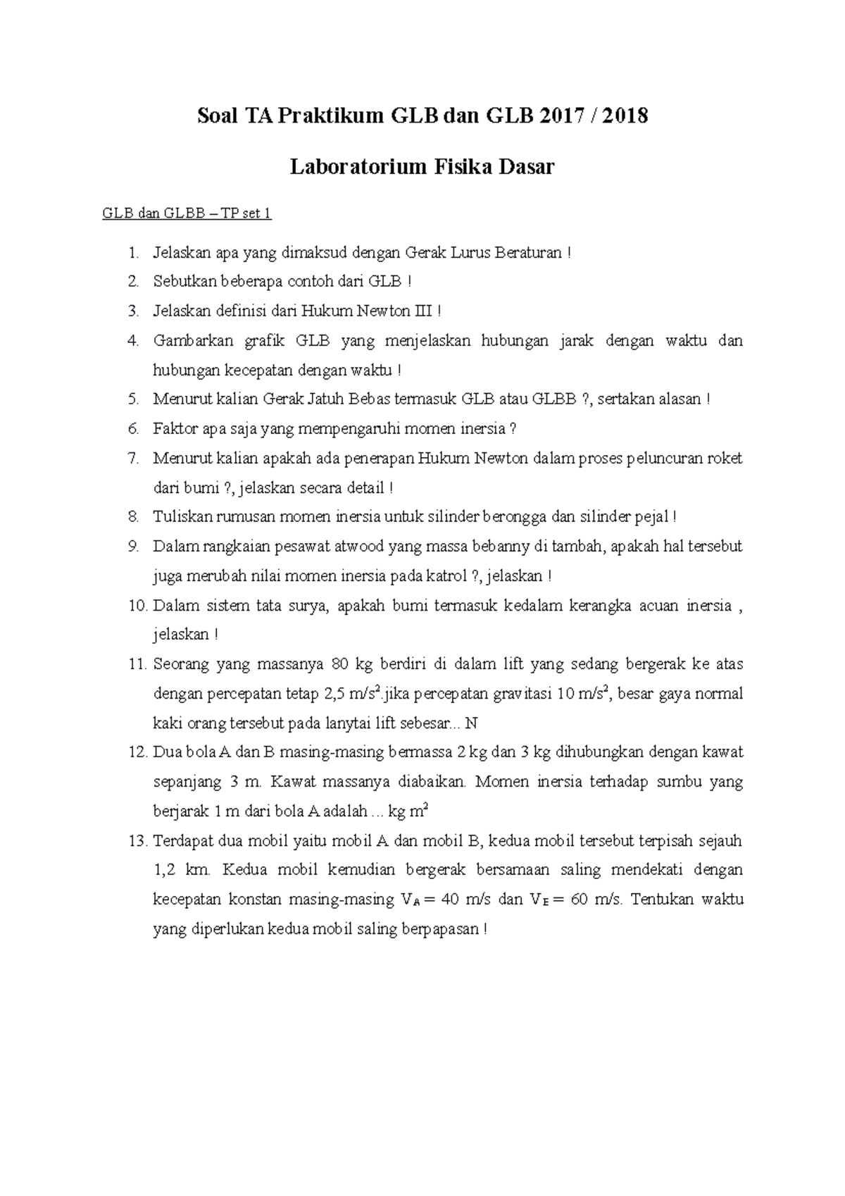 Tp Glb Glbb 1 Practice Task About Basic Physics Soal Ta Praktikum
