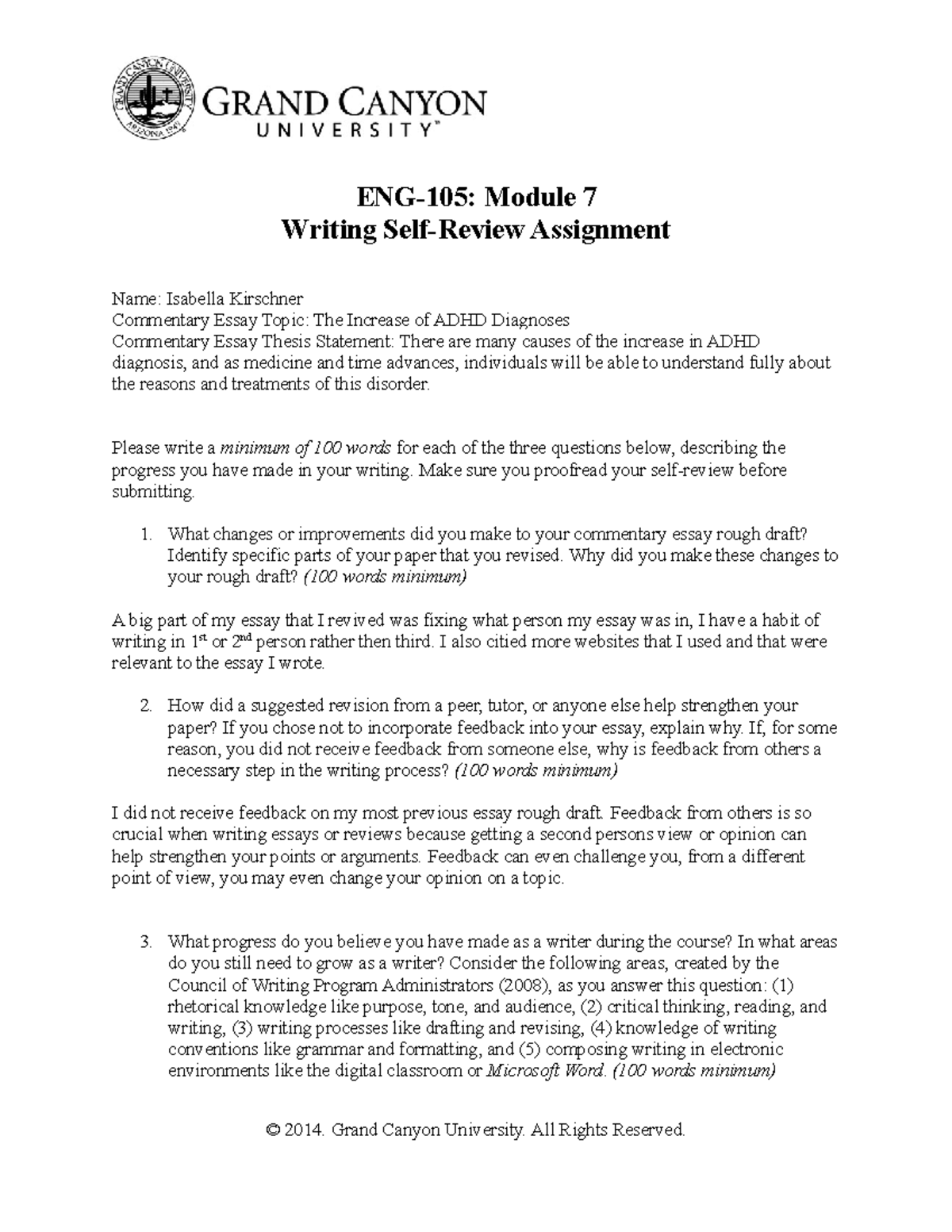 ENG 105 RS Self Review Assignment - ENG-105: Module 7 Writing Self ...