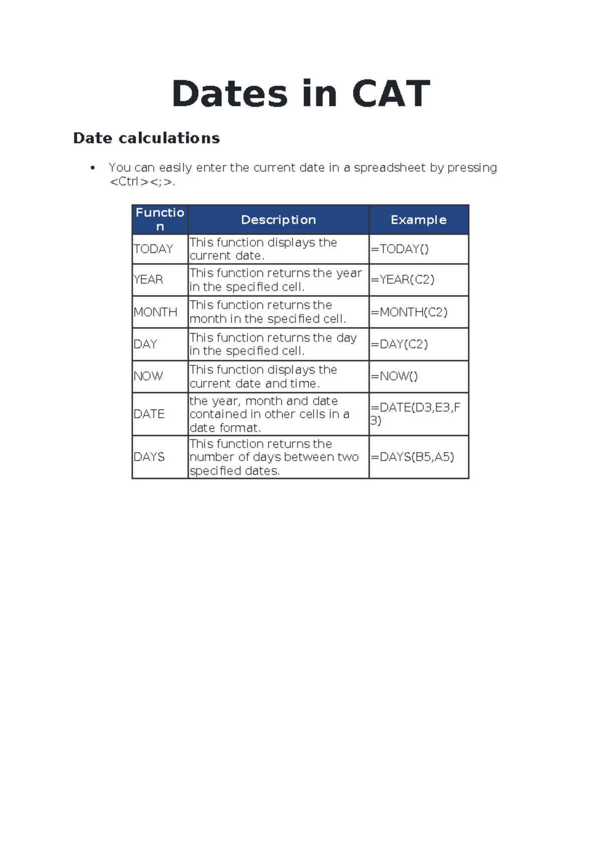 DATE Functions - Dates in CAT Date calculations You can easily enter ...