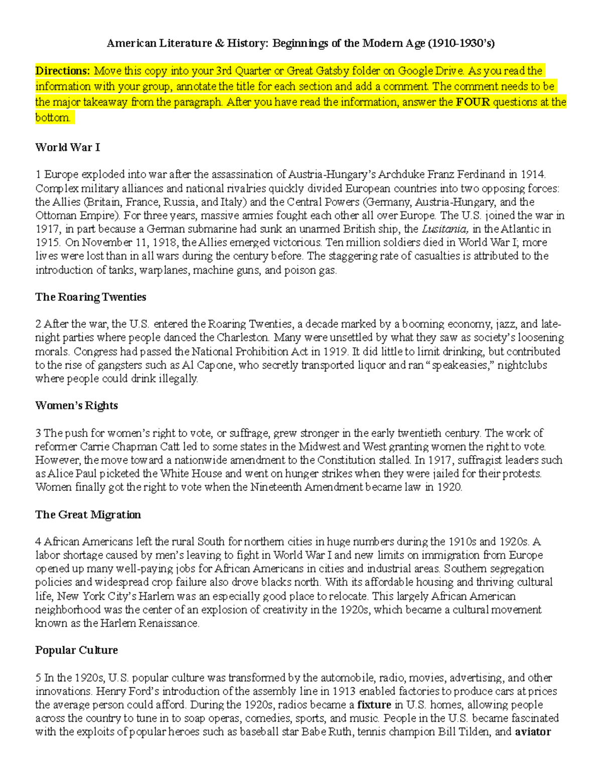 History of American Lit from 1910-1930 - American Literature & History ...