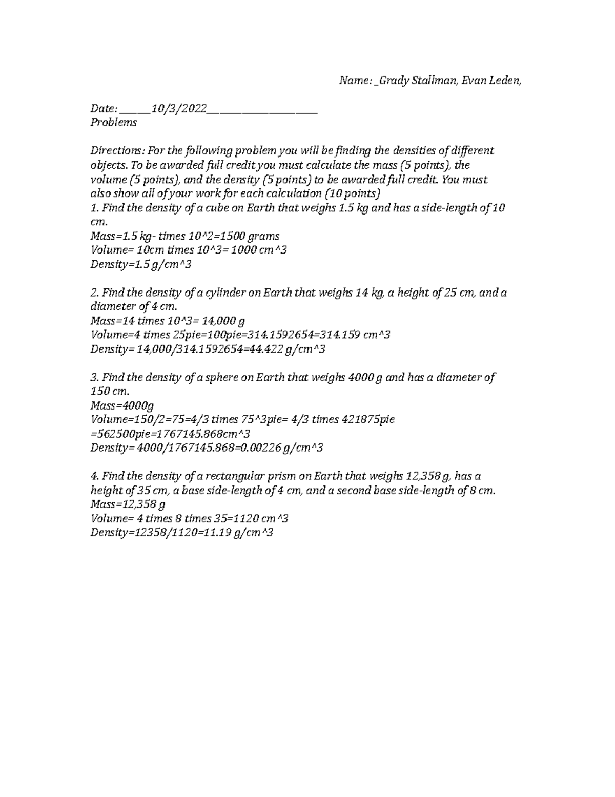 Density answer sheet - Chem Homework - Name: _Grady Stallman, Evan ...