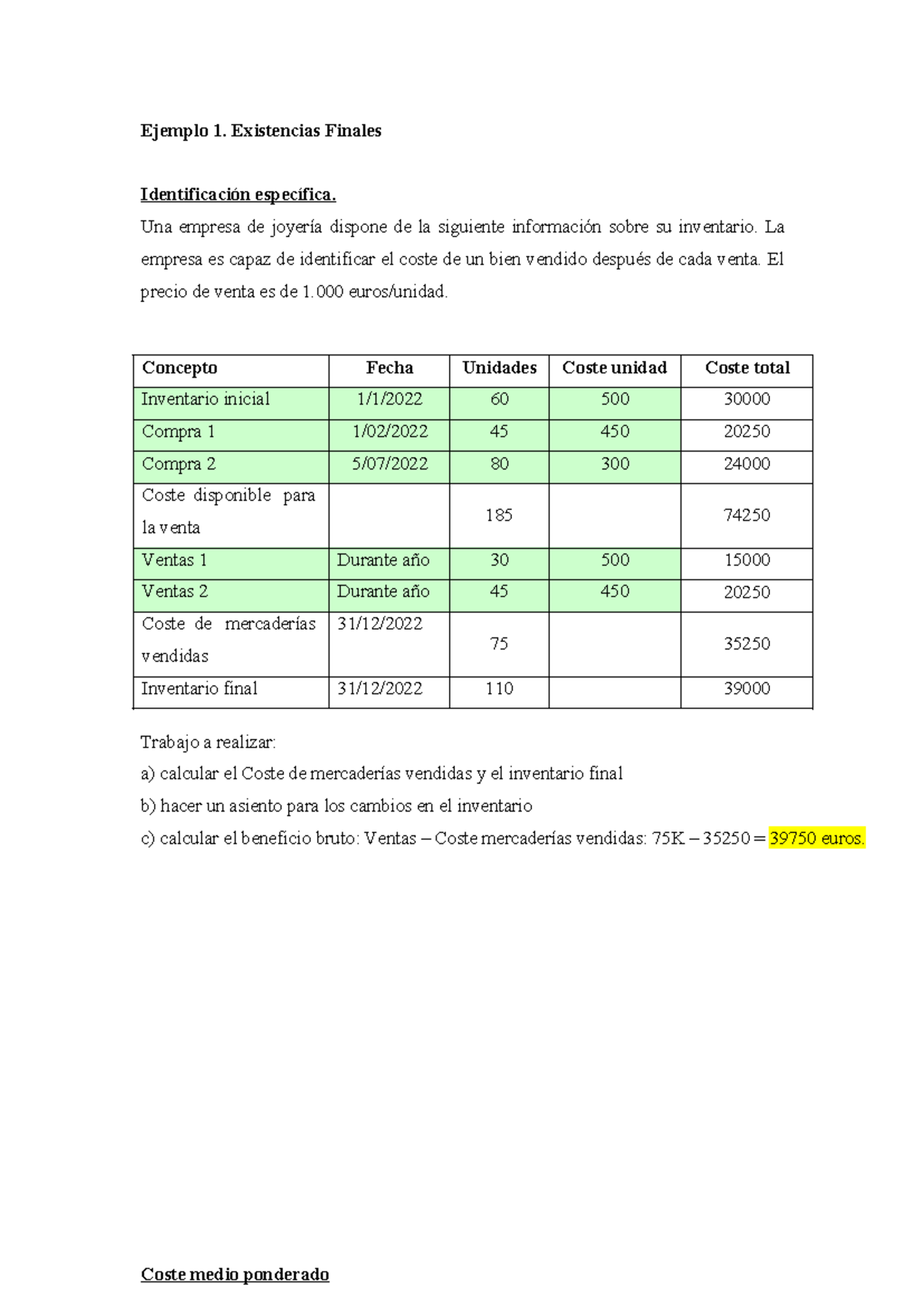 Ejercicios TEMA 7 - Ejemplo 1. Existencias Finales Identificación ...