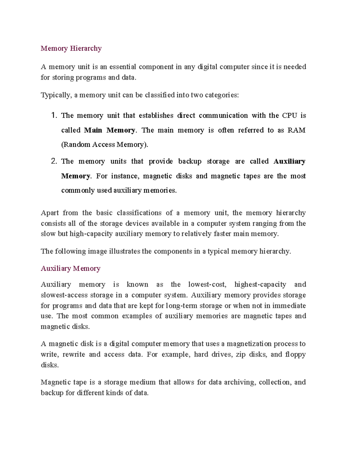 UNIT -4-2 - computer science branch notes - Memory Hierarchy A memory ...