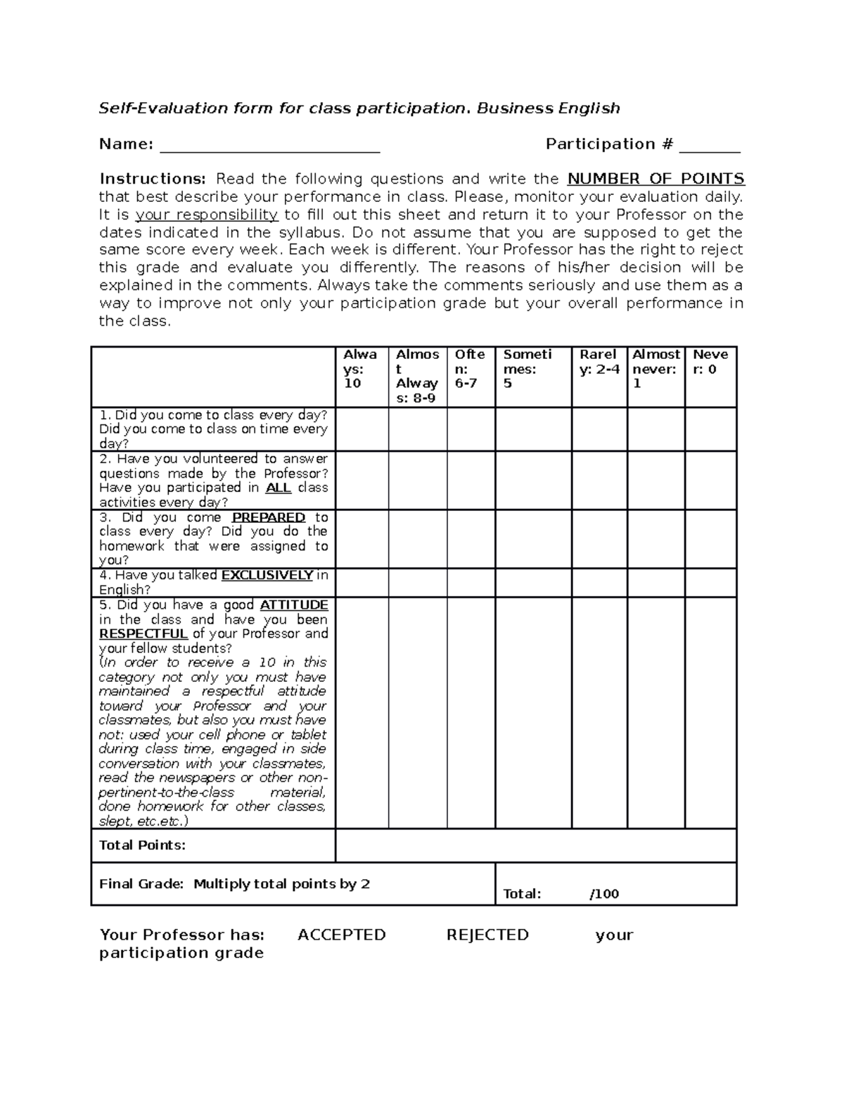 Grading criteria to evaluate partecipation - Self-Evaluation form for ...