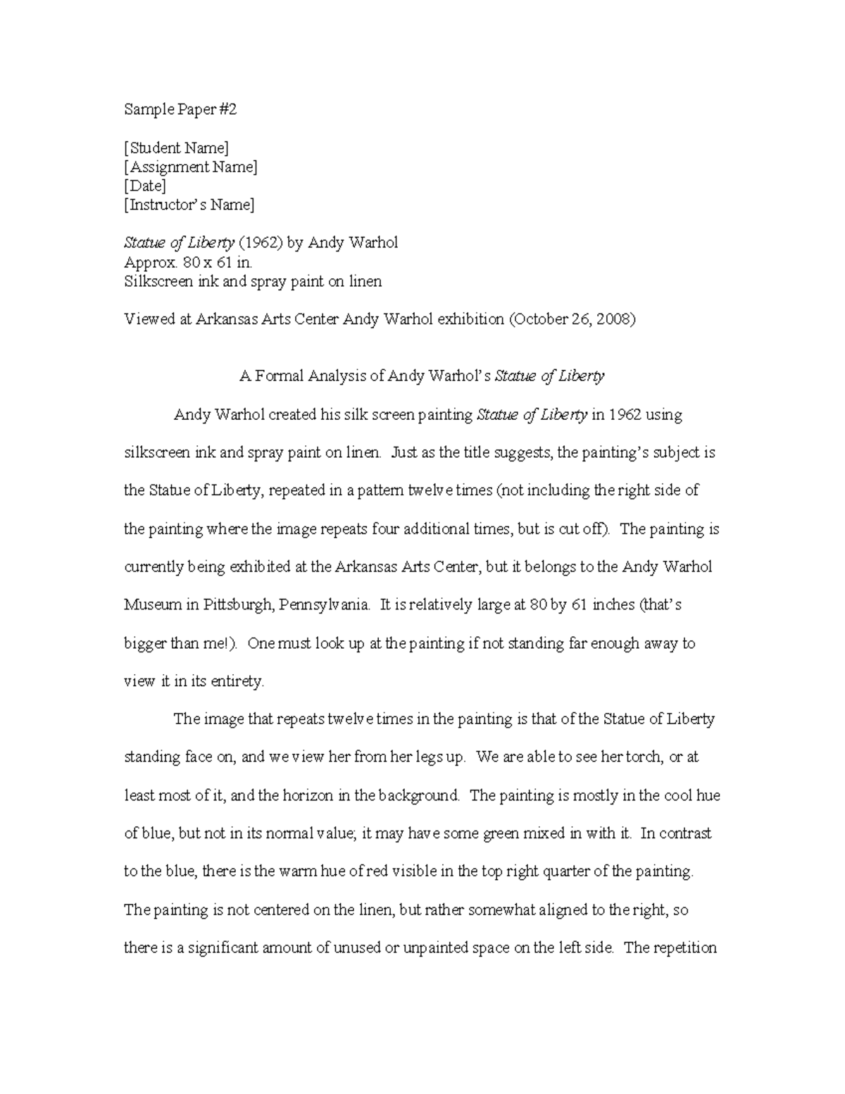 Sample Formal Analysis Paper 2 - Sample Paper # [Student Name ...