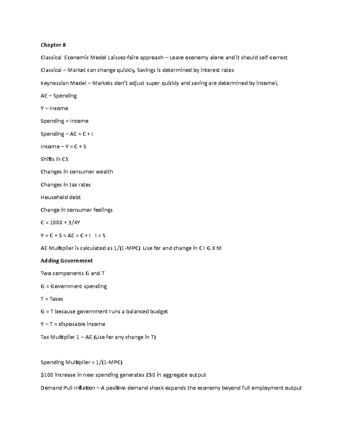 Econ 213 Unit 2 Notes - Chapter 8 Classical Economic Model Laissez ...