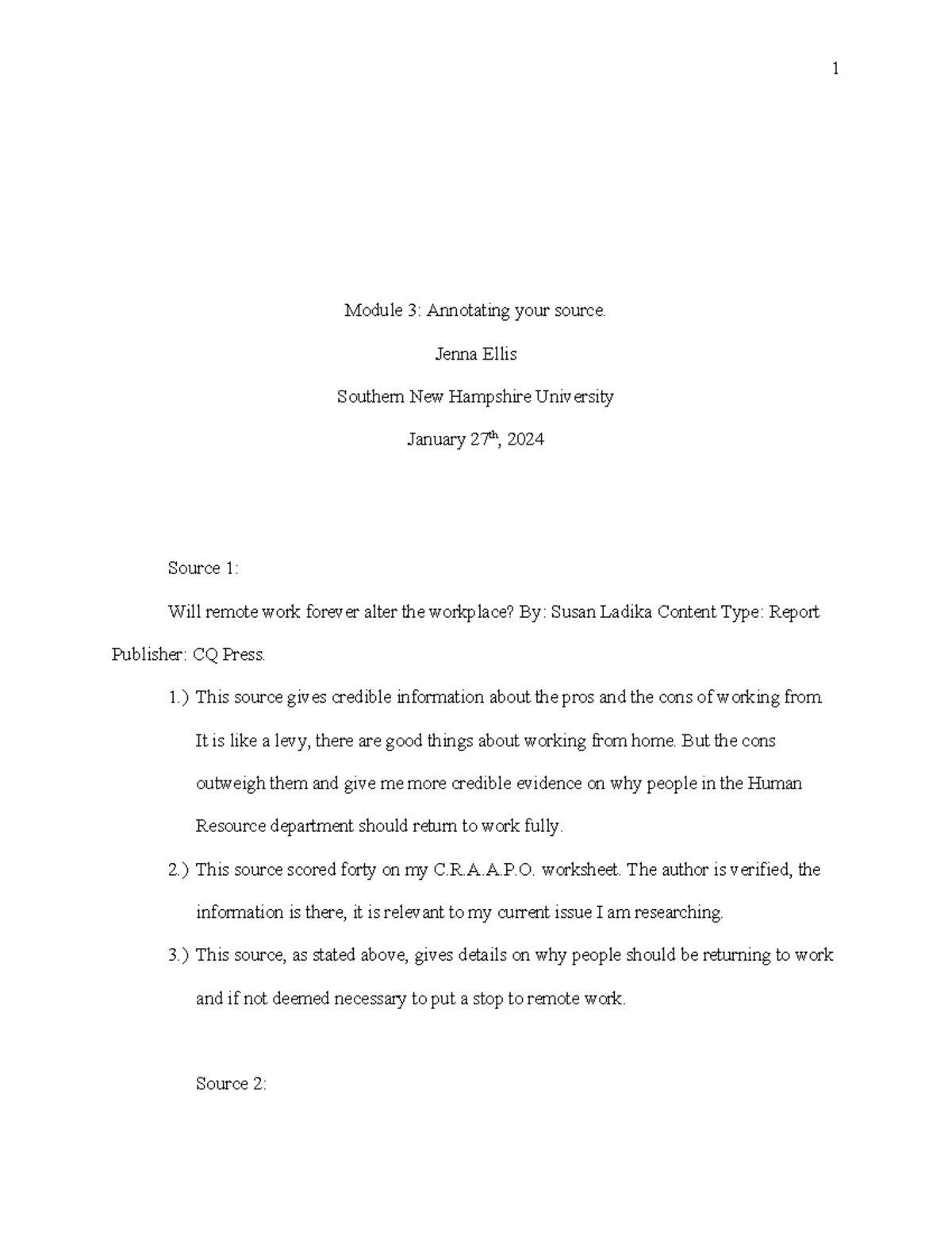 ENG 123 Annotating sources - 1 Module 3: Annotating your source. Jenna Ellis Southern New ...