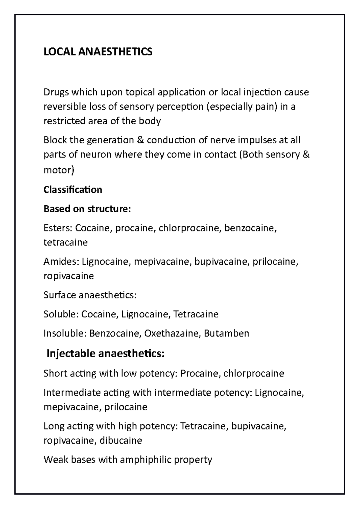 Local Anaesthetics - LOCAL ANAESTHETICS Drugs which upon topical ...