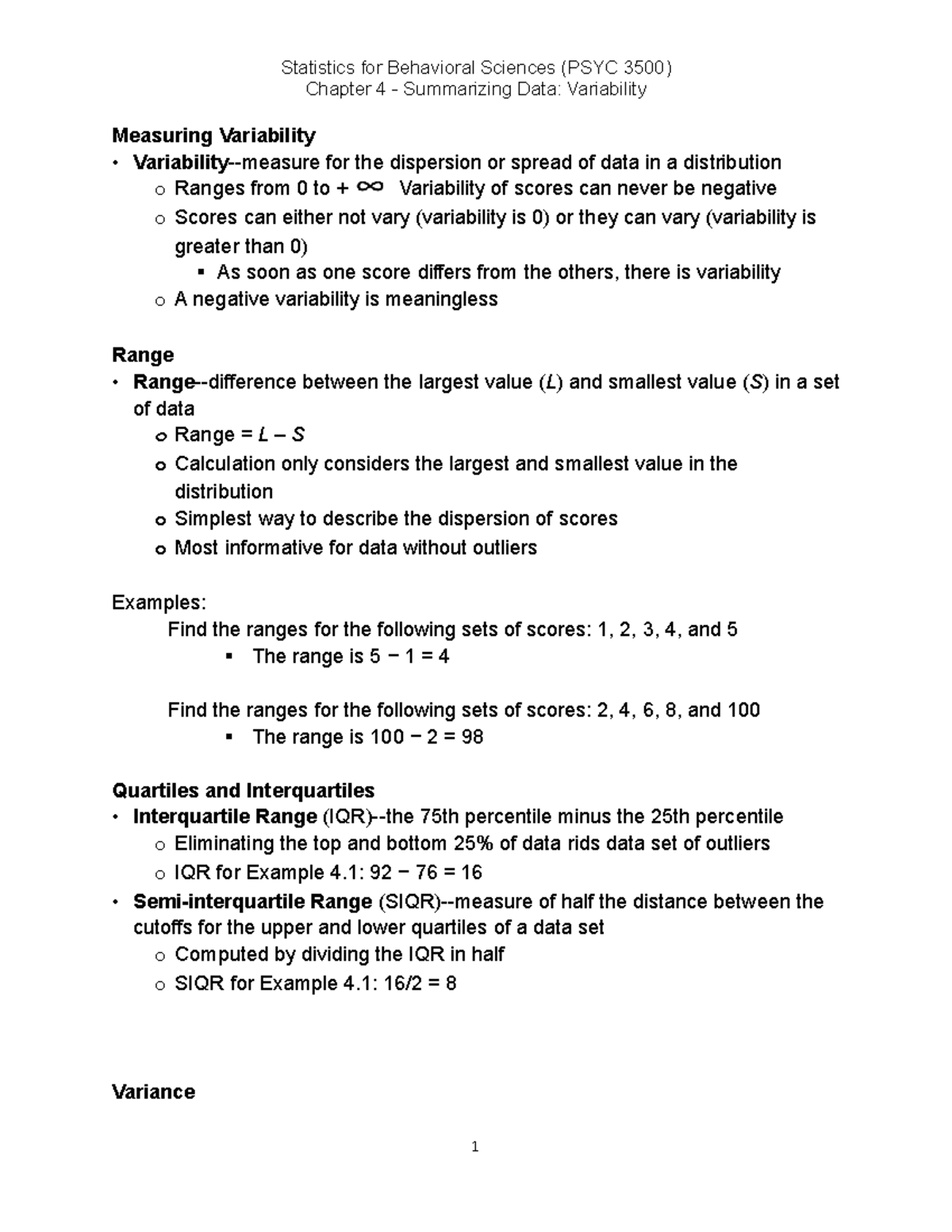 2021 Psyc 3500 Statistics Chapter 4 Notes 4a Chapter 4 Summarizing Data Variability