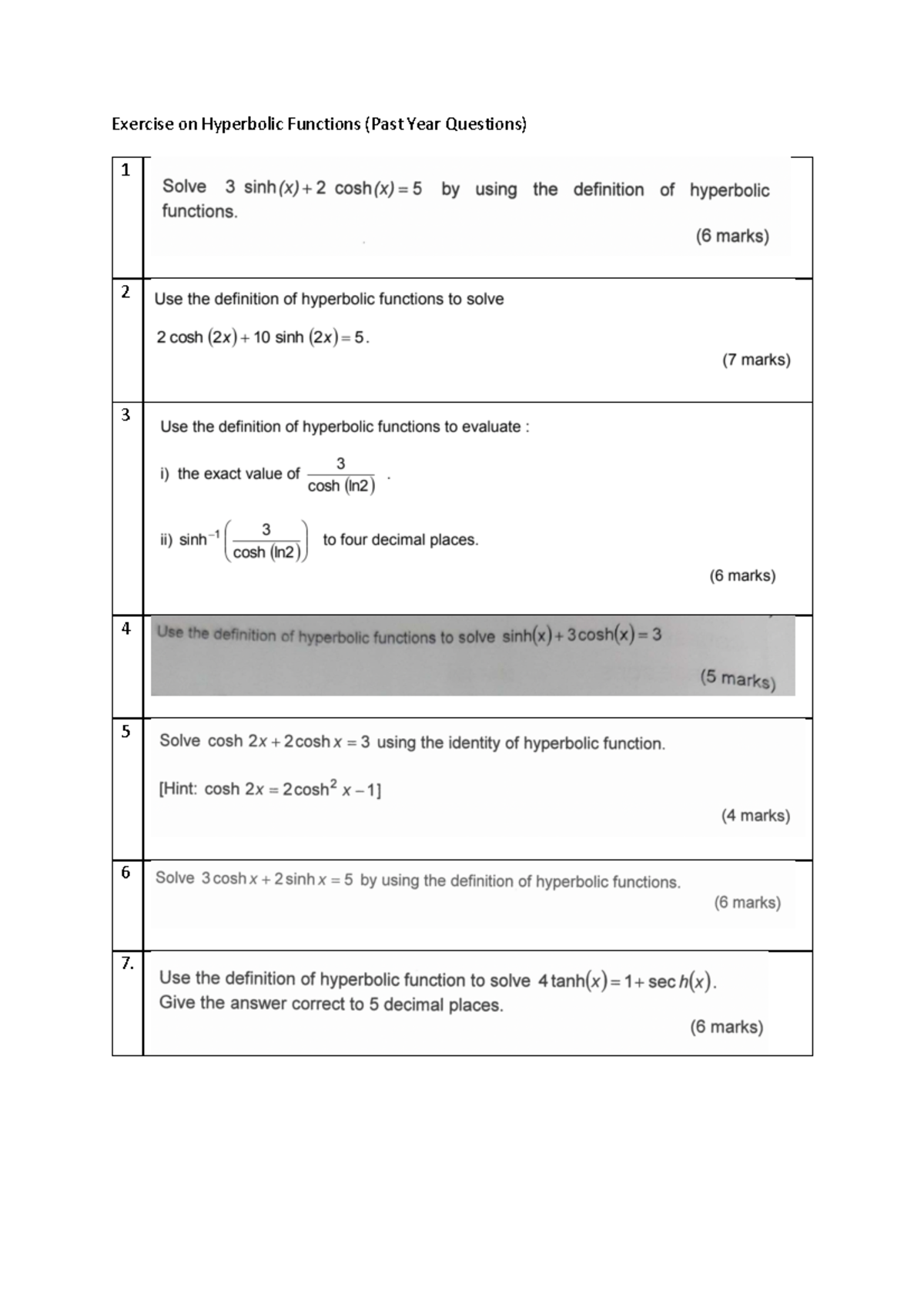 Exercise on Hyperbolic Functions - Foundation of Applied Mathematics - Studocu
