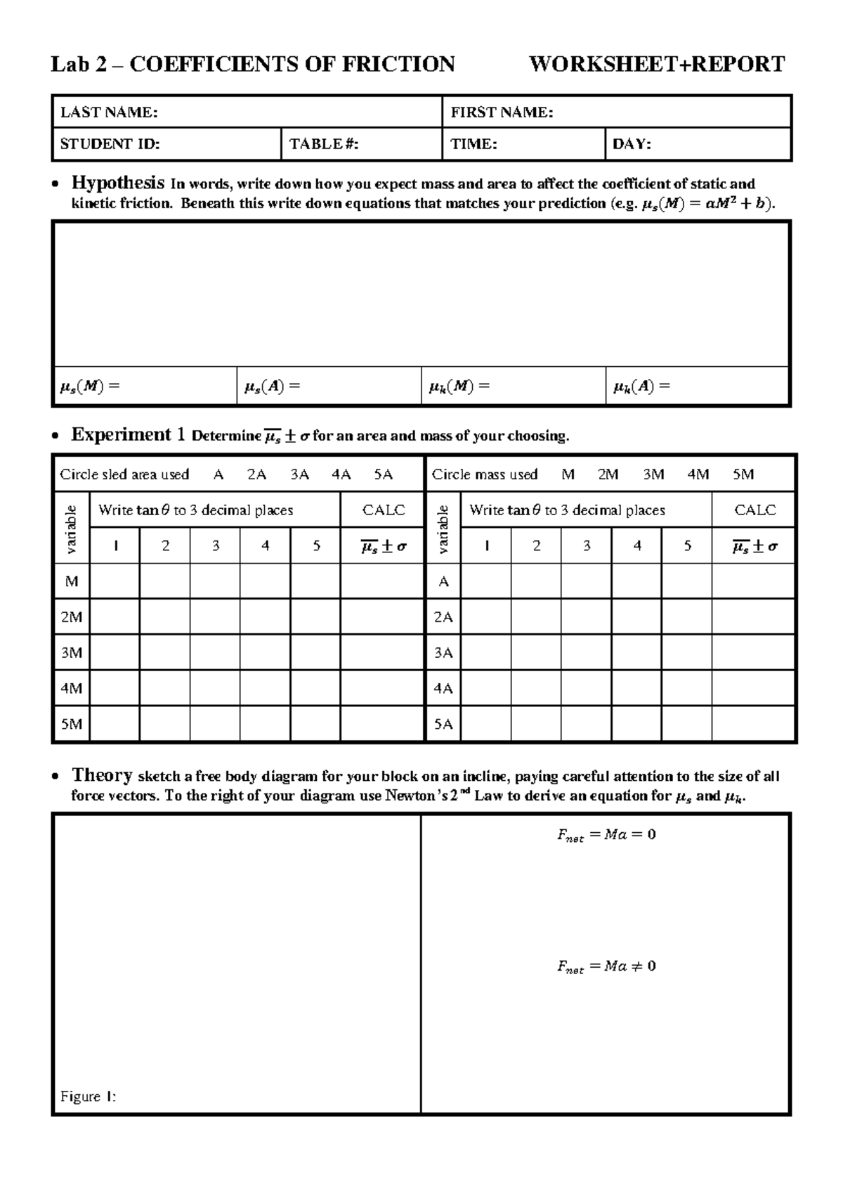 Lab 2- Coefficients OF Friction Worksheet 5A5M - Lab 2 – COEFFICIENTS ...