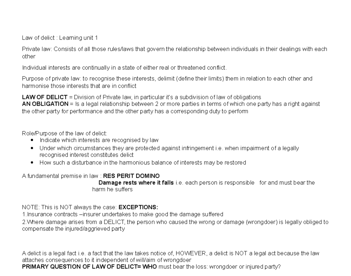 Law of delict LU1 - these notes are very helpful. - Law of delict ...